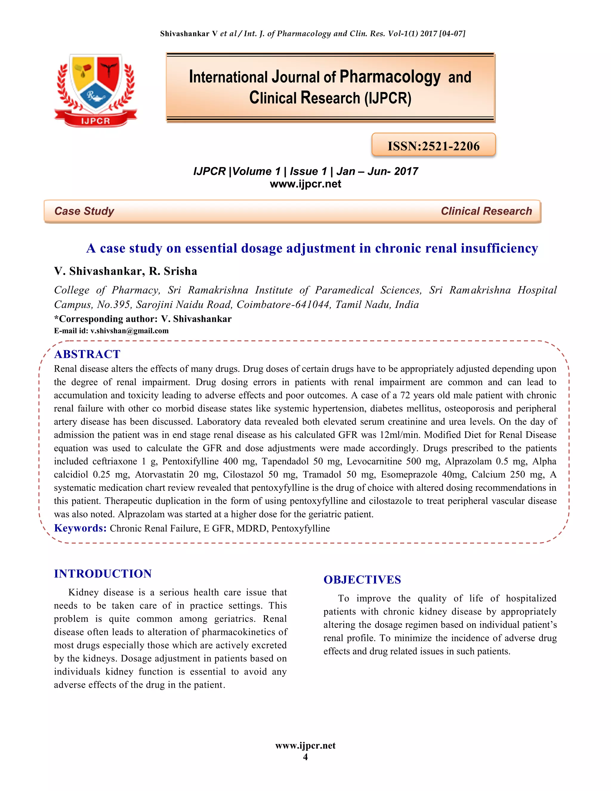 A case study on essential dosage adjustment in chronic renal ...