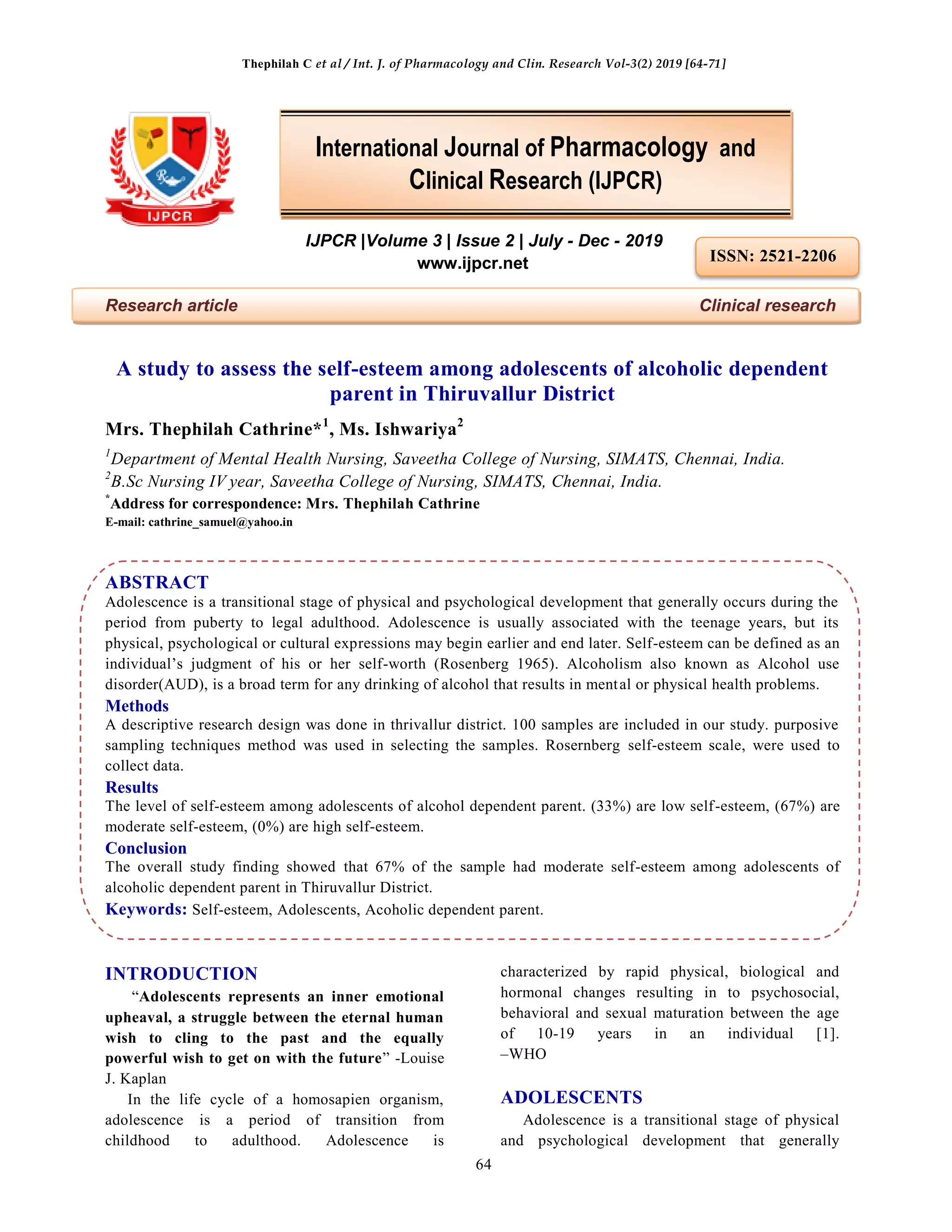 A study to assess the self-esteem among adolescents of alcoholic ...