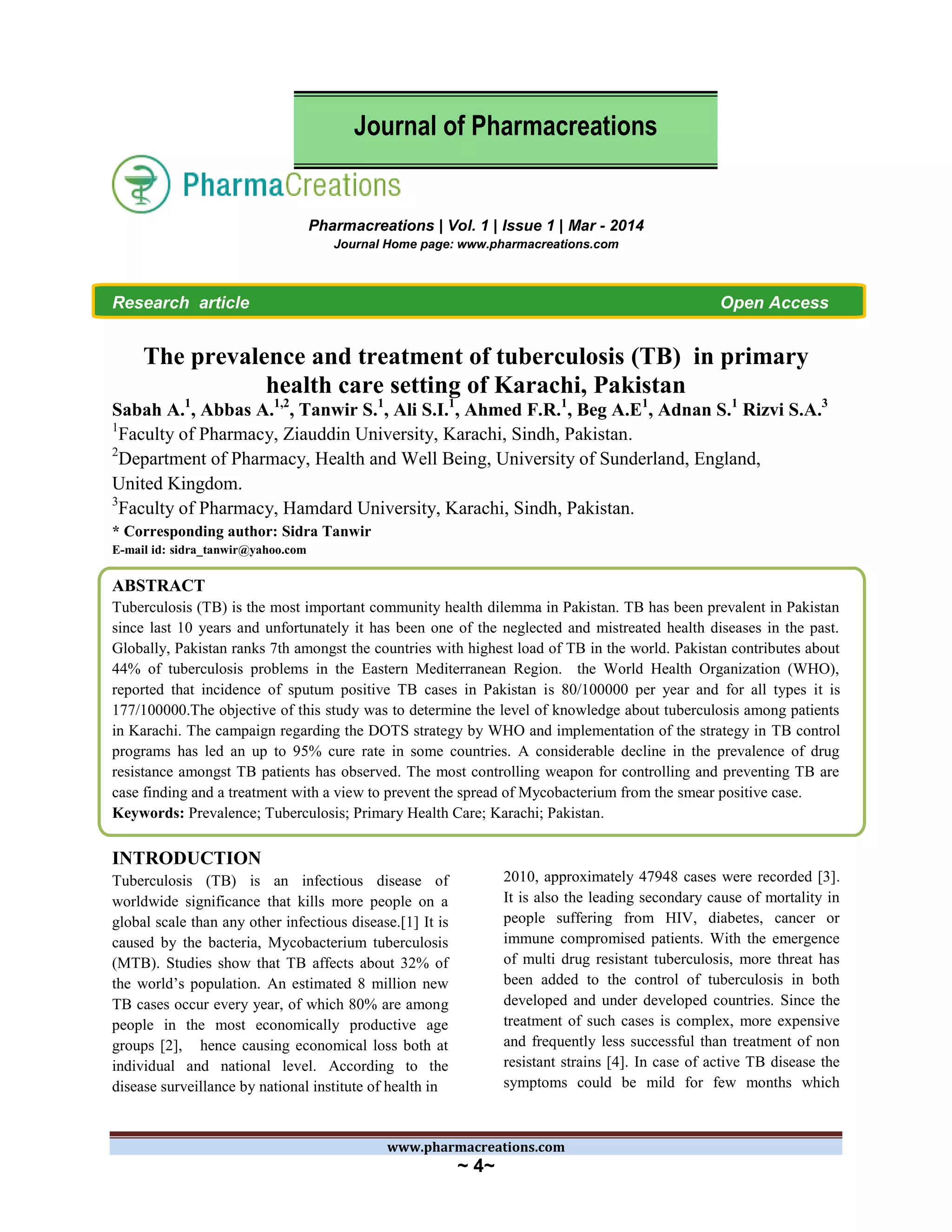 The prevalence and treatment of tuberculosis (TB) in primary health care setting of Karachi ...