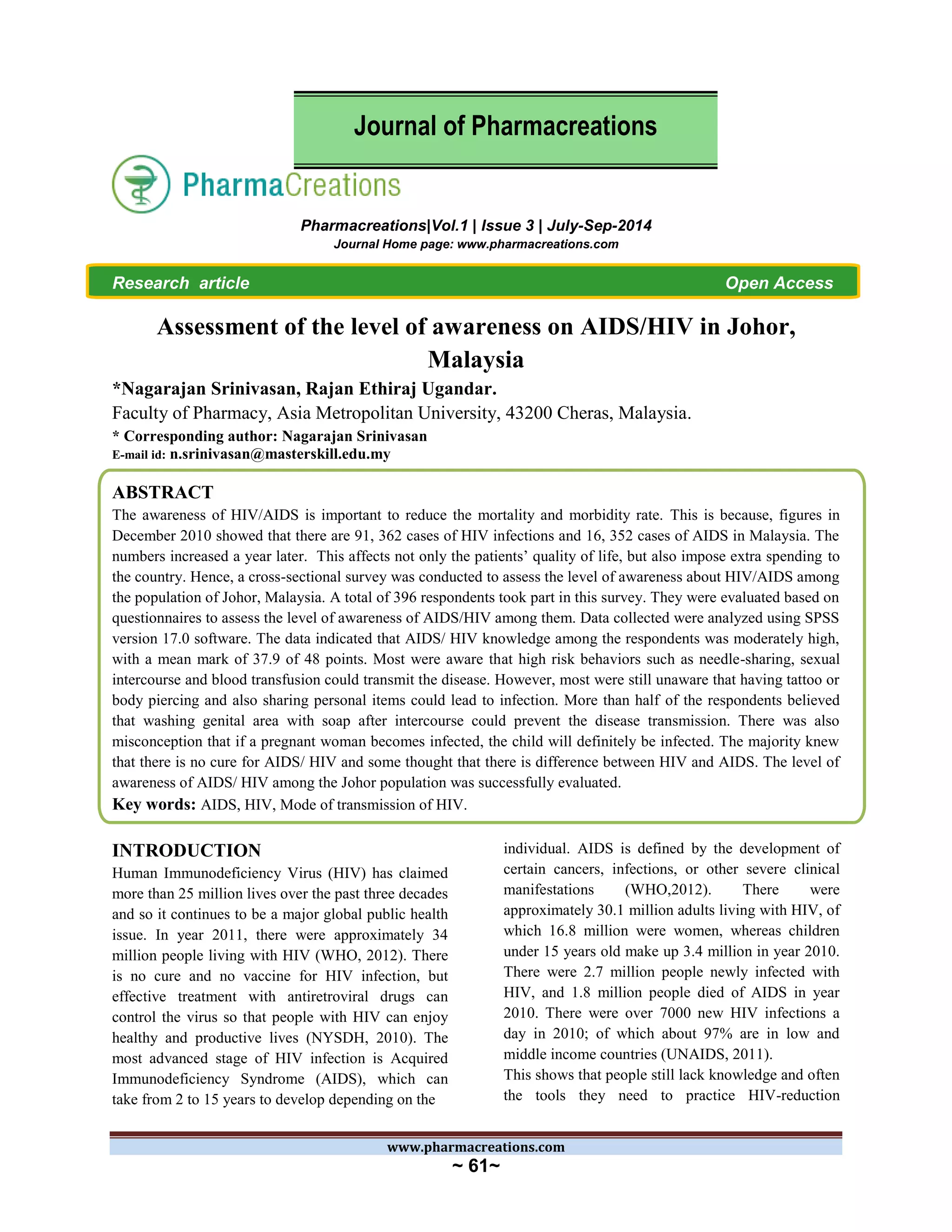 Assessment of the level of awareness on AIDS/HIV in Johor, Malaysia | PDF
