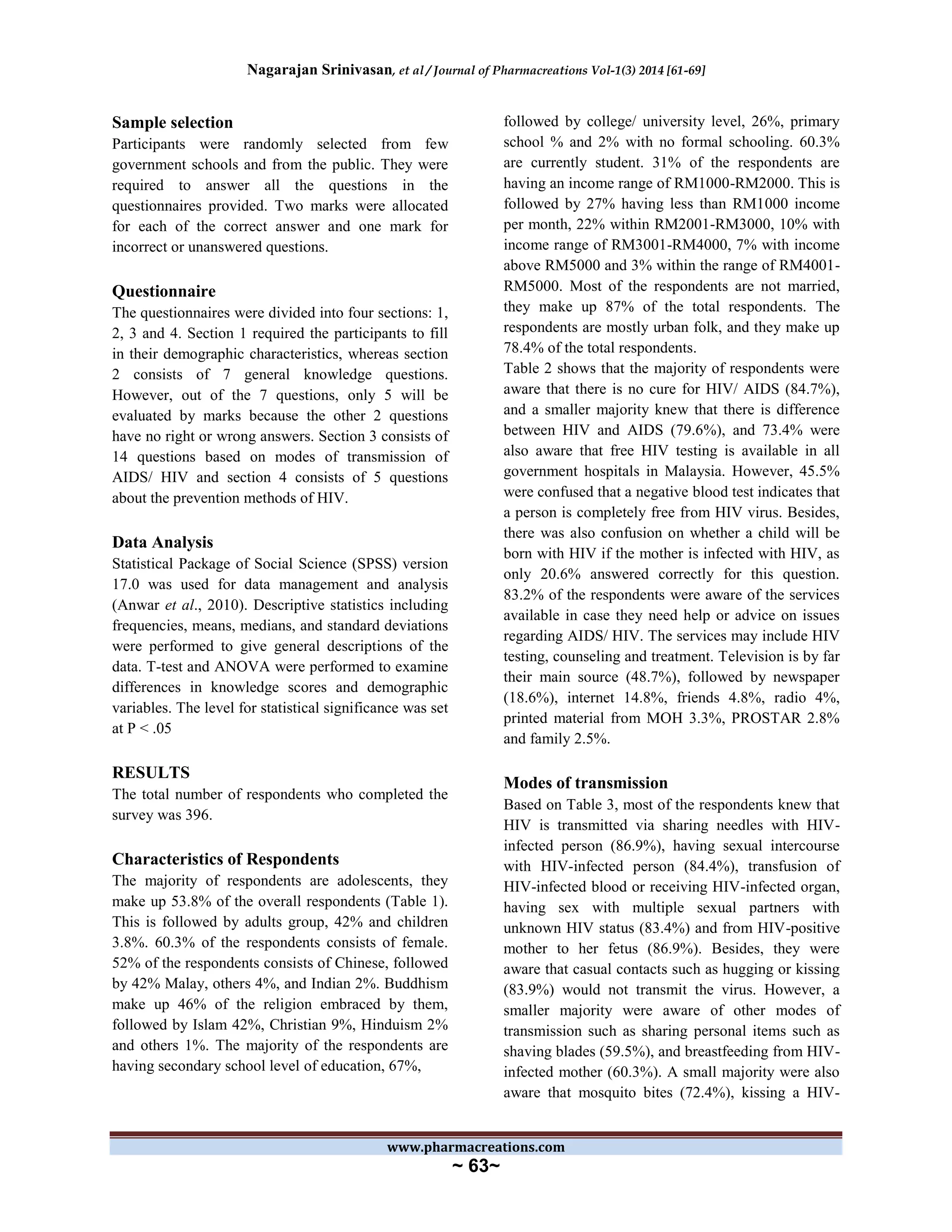 Assessment of the level of awareness on AIDS/HIV in Johor, Malaysia | PDF