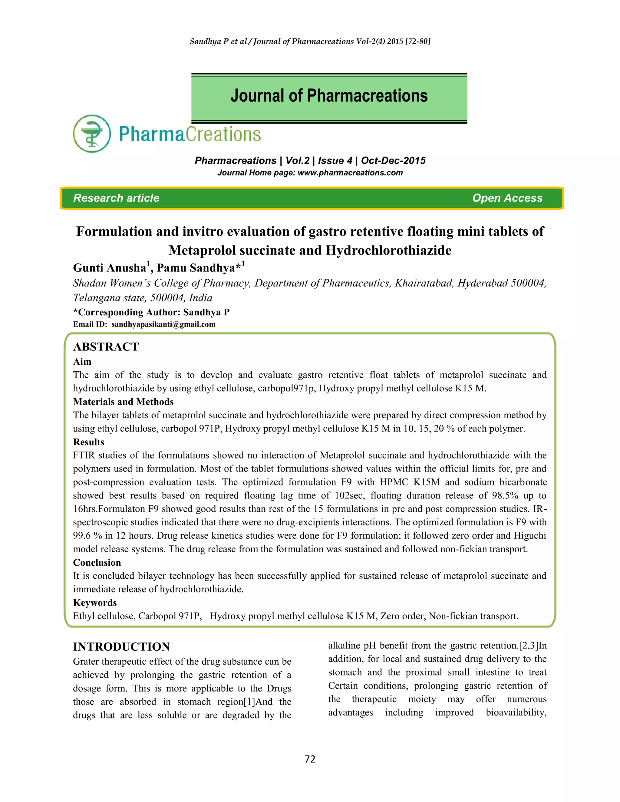Formulation And Invitro Evaluation Of Gastro Retentive Floating Mini Tablets Of Metaprolol
