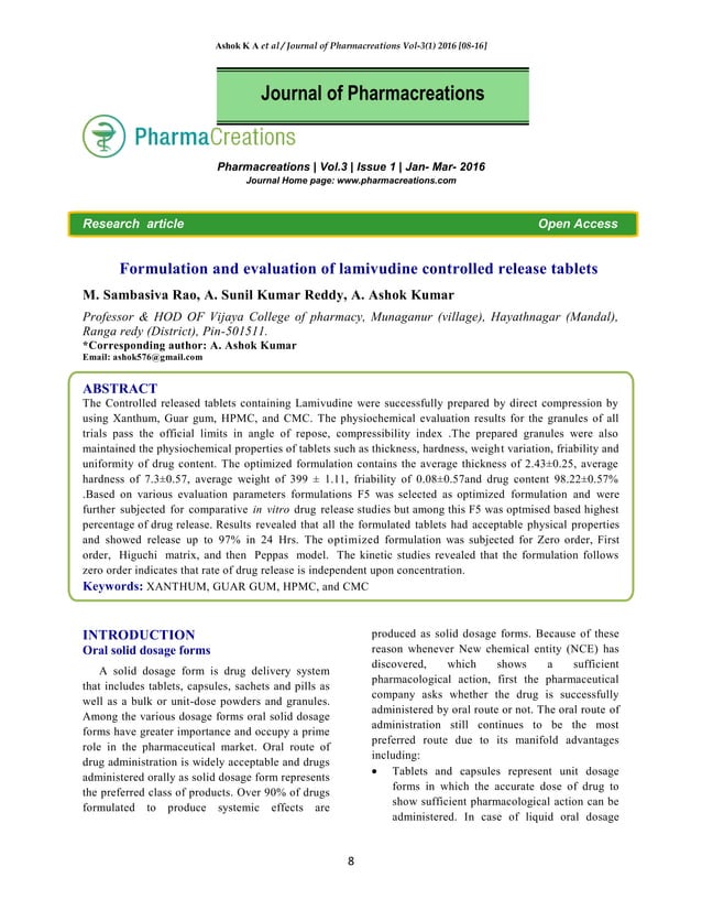 Formulation and evaluation of lamivudine controlled release tablets | PDF