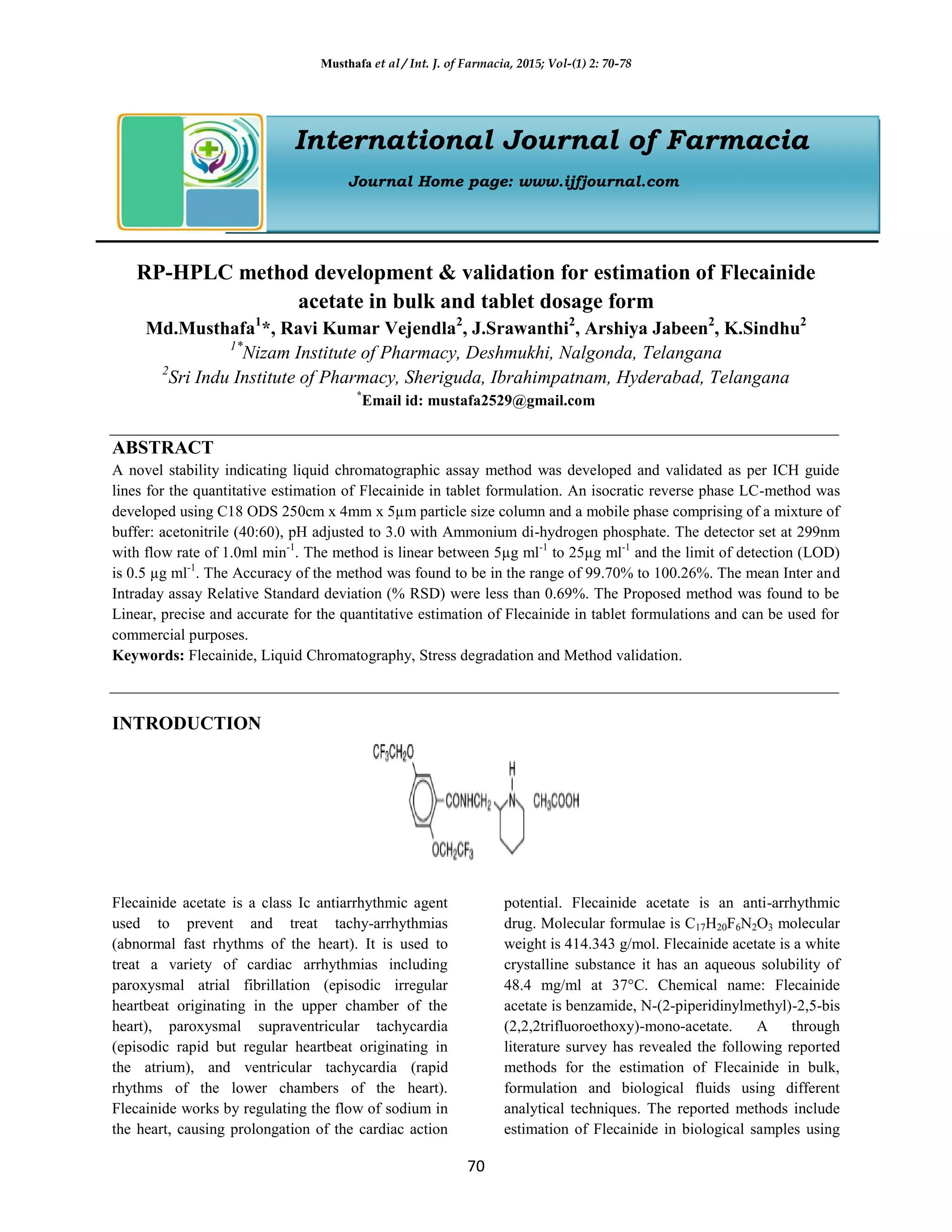 Rp Hplc Method Development And Validation For Estimation Of Flecainide Acetate In Bulk And Tablet