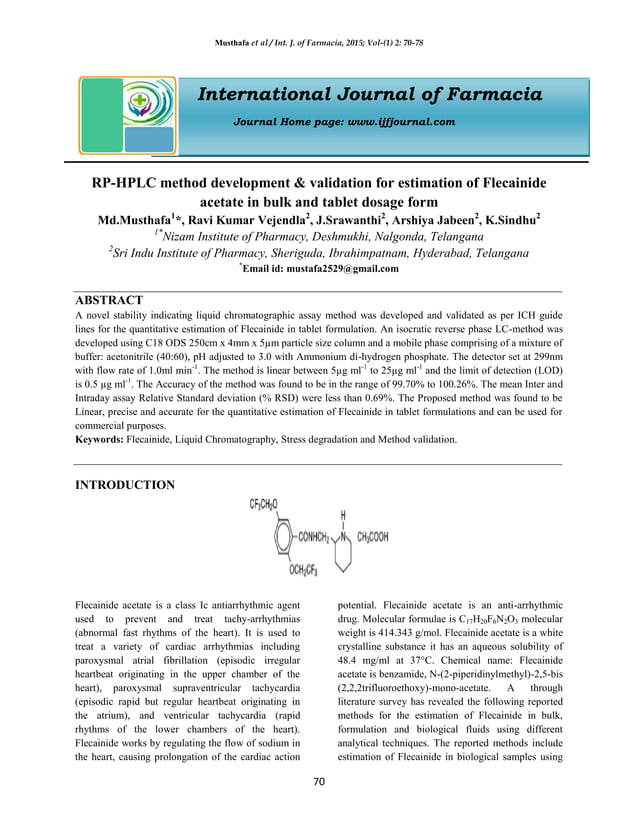 RP-HPLC method development & validation for estimation of Flecainide acetate in bulk and tablet ...