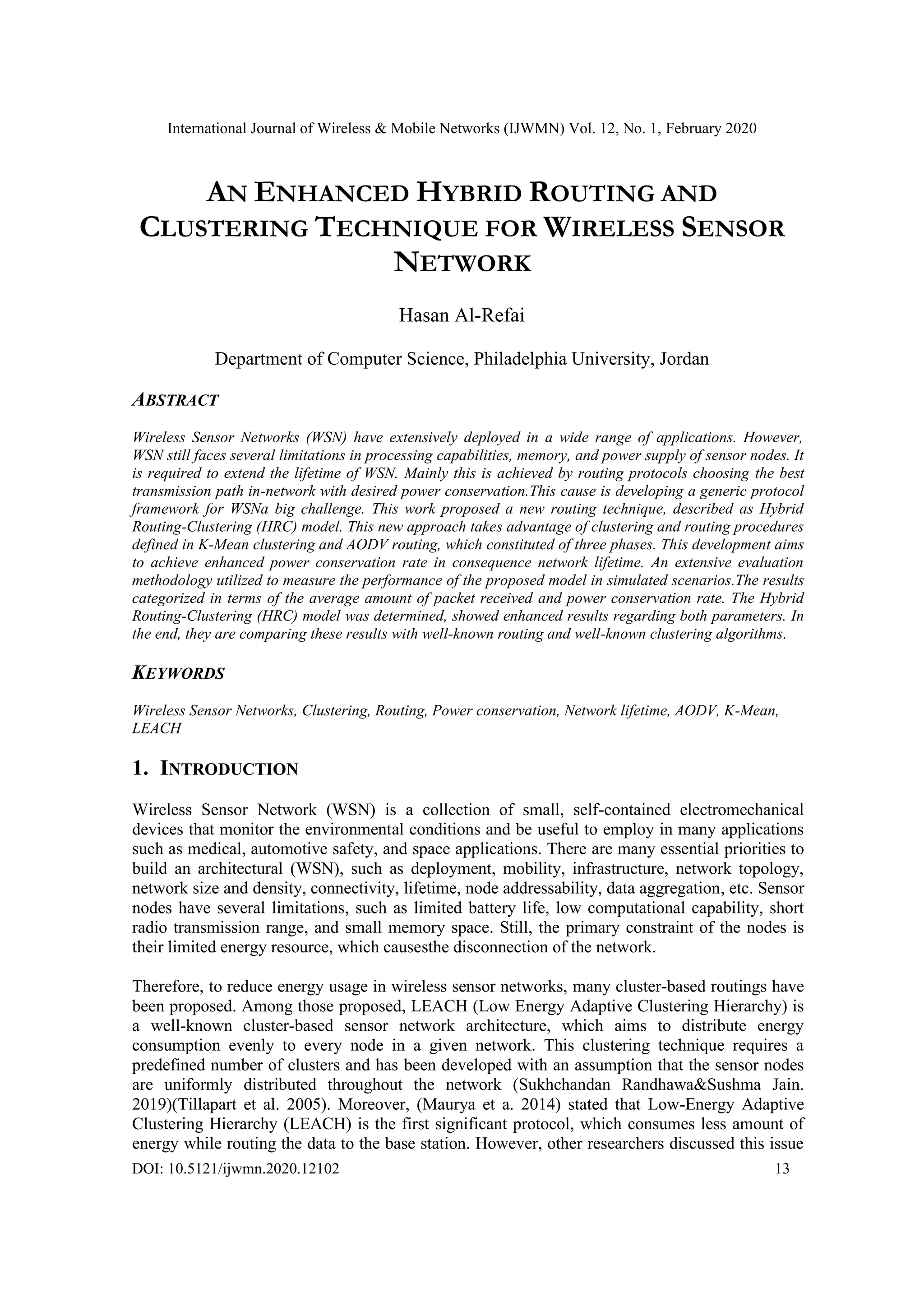 An Enhanced Hybrid Routing And Clustering Technique For Wireless Sensor
