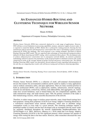 AN ENHANCED HYBRID ROUTING AND CLUSTERING TECHNIQUE FOR WIRELESS SENSOR NETWORK | PDF