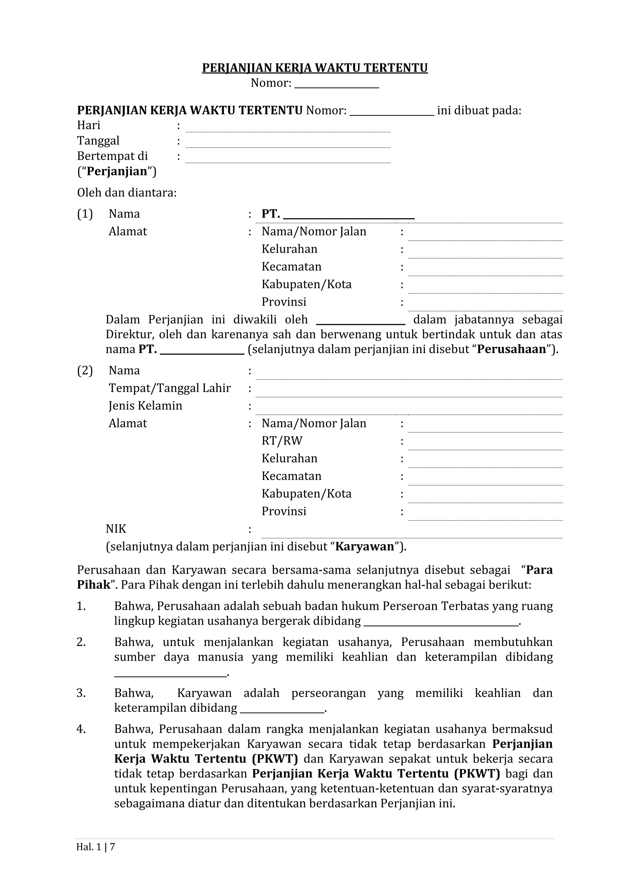 draf perjanjian kerja untuk waktu tertentu (pkwt) | PDF