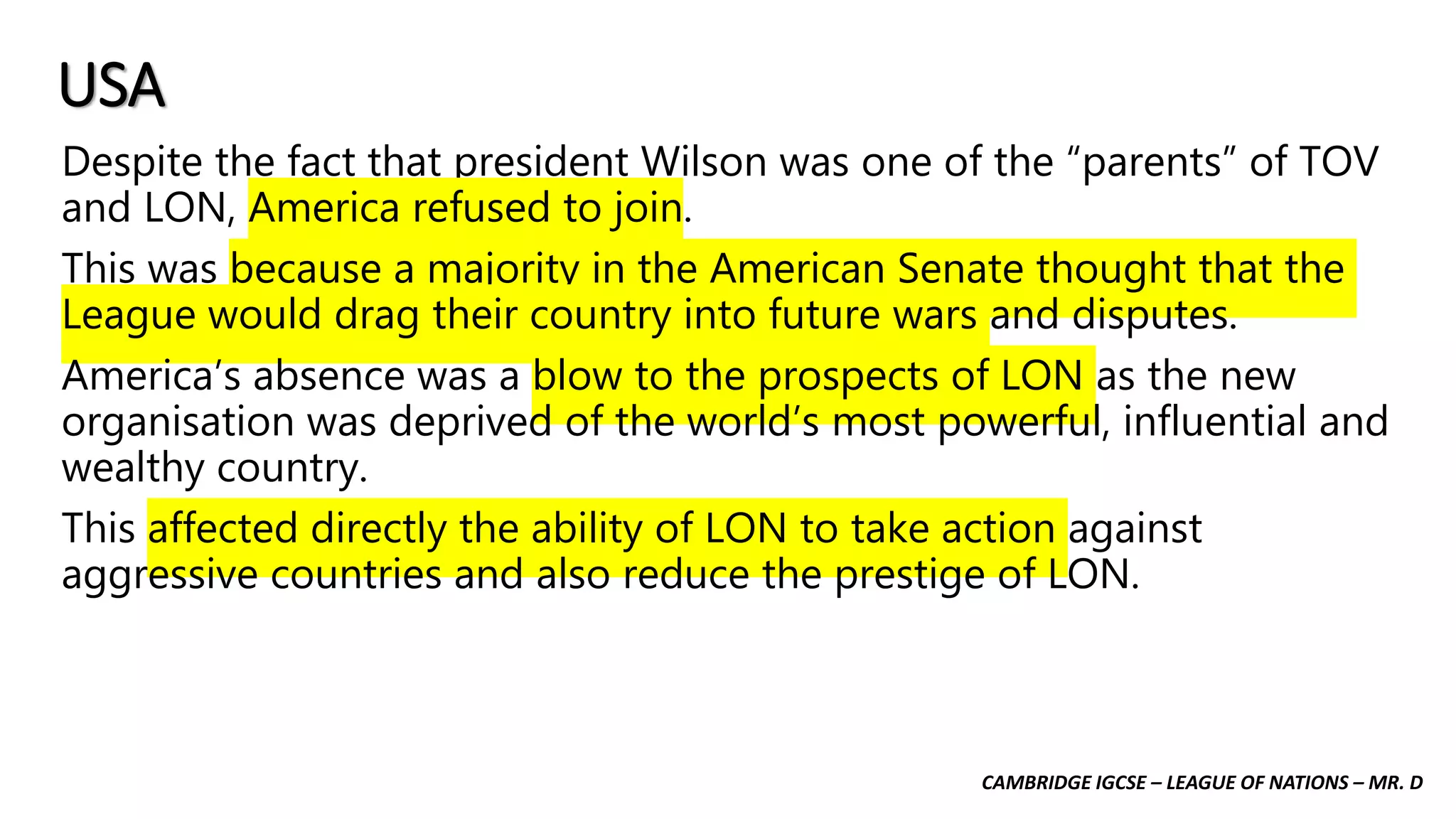 HISTORY IGCSE CONTENT - 20TH CENTURY OPTION - LEAGUE OF NATIONS ...