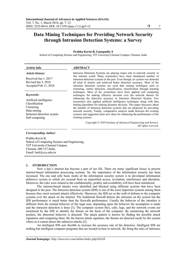 Data Mining Techniques for Providing Network Security through Intrusion Detection Systems: a ...