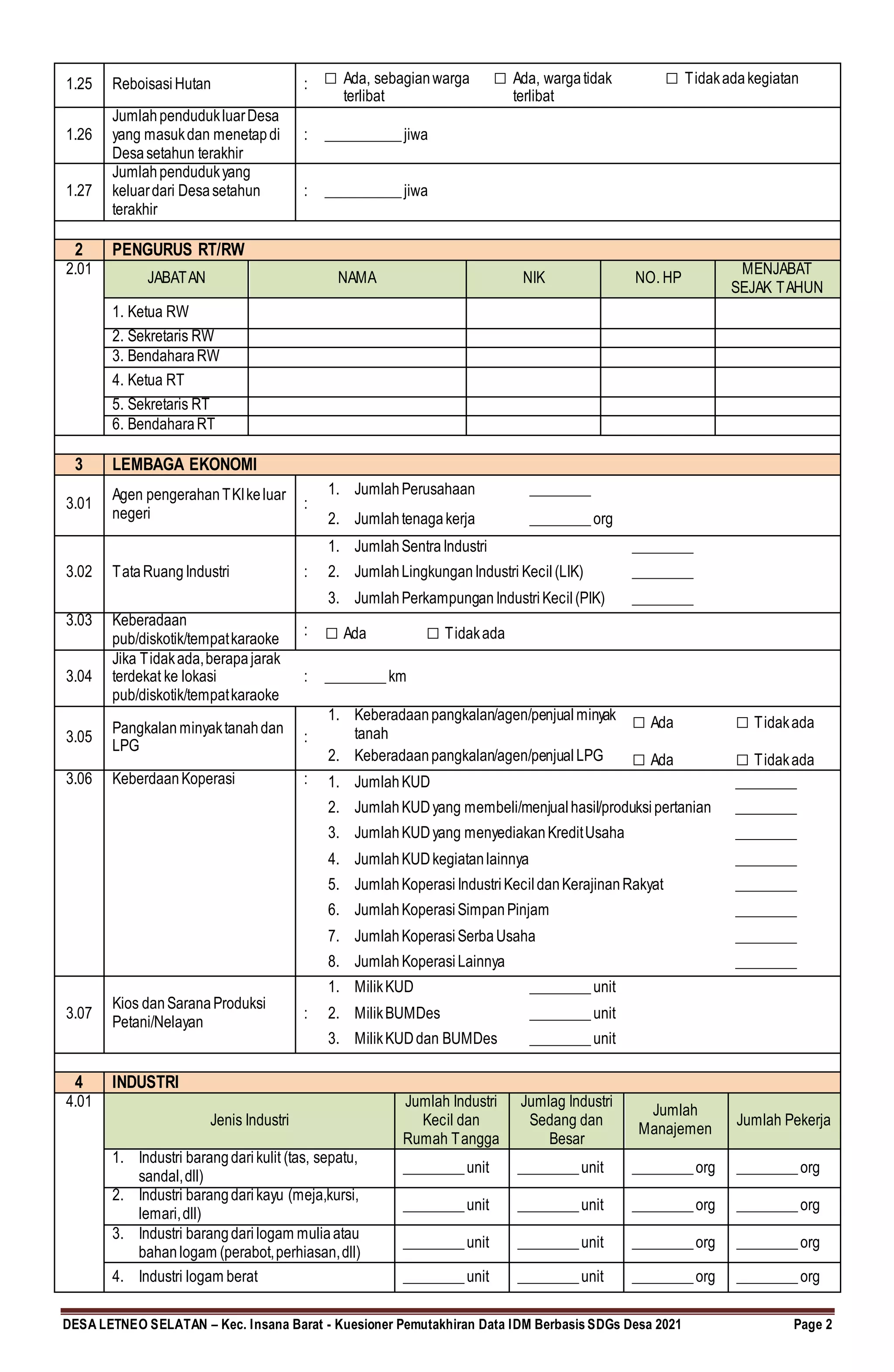 Kuesioner SGDs Desa Insana Barat Tingkat RT / Rukun Tetangga | DOCX