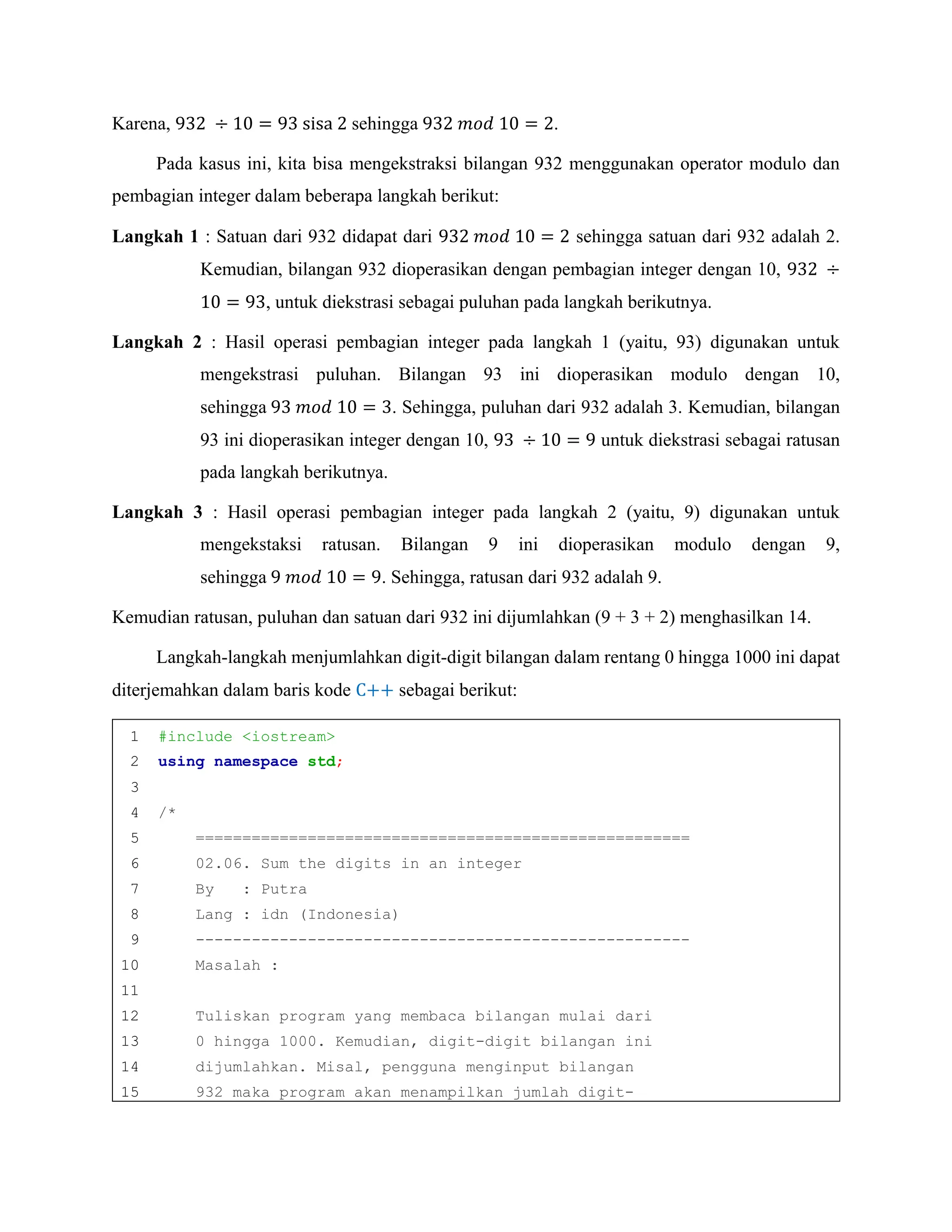 2.6. Jumlah Digit dalam Bilangan Ratusan Menggunakan C++ | PDF
