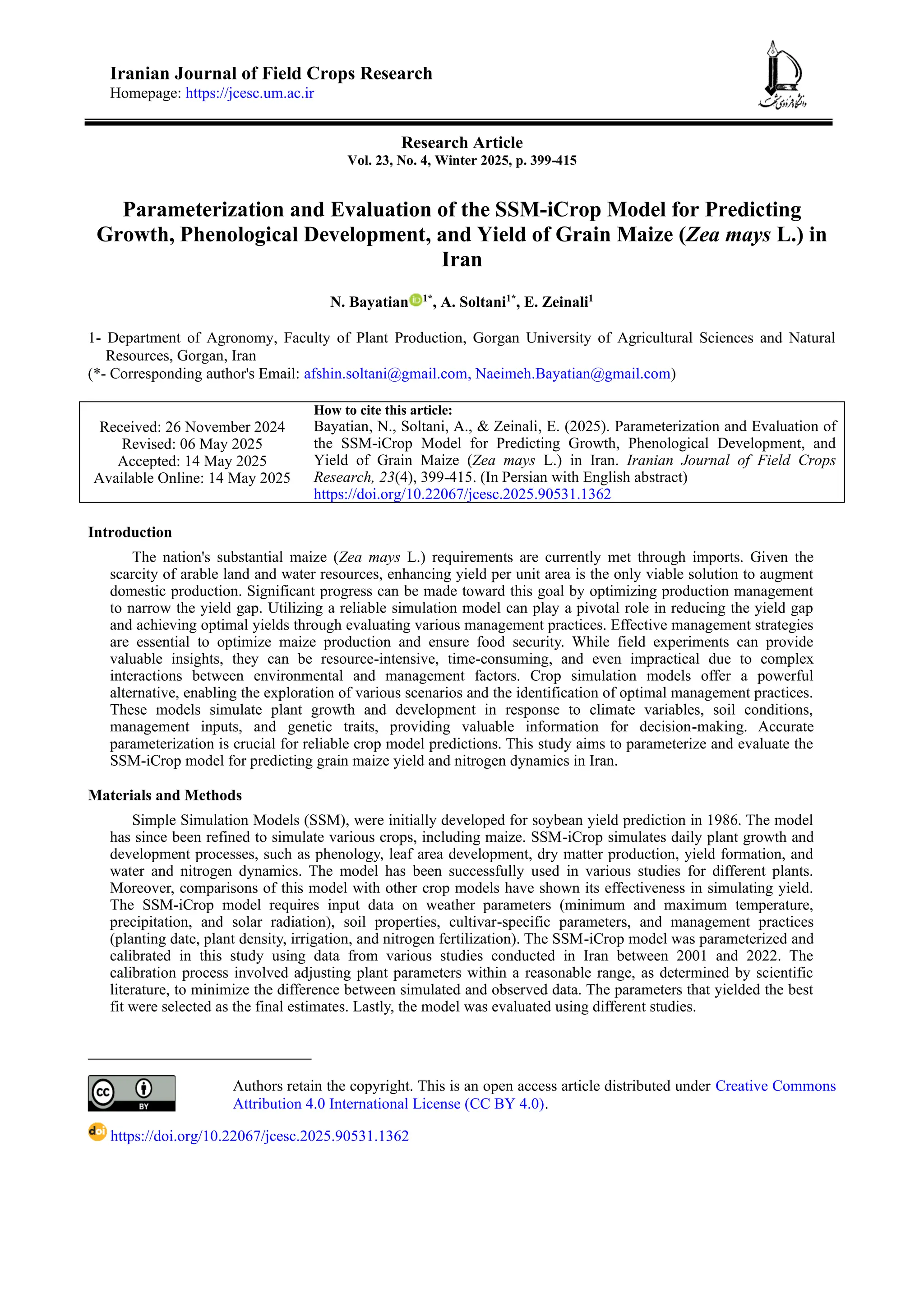 Parameterization and Evaluation of the SSM-iCrop Model for Predicting ...