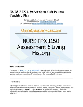 NURS FPX 1150 Assessment 5: Patient Teaching Plan | PDF