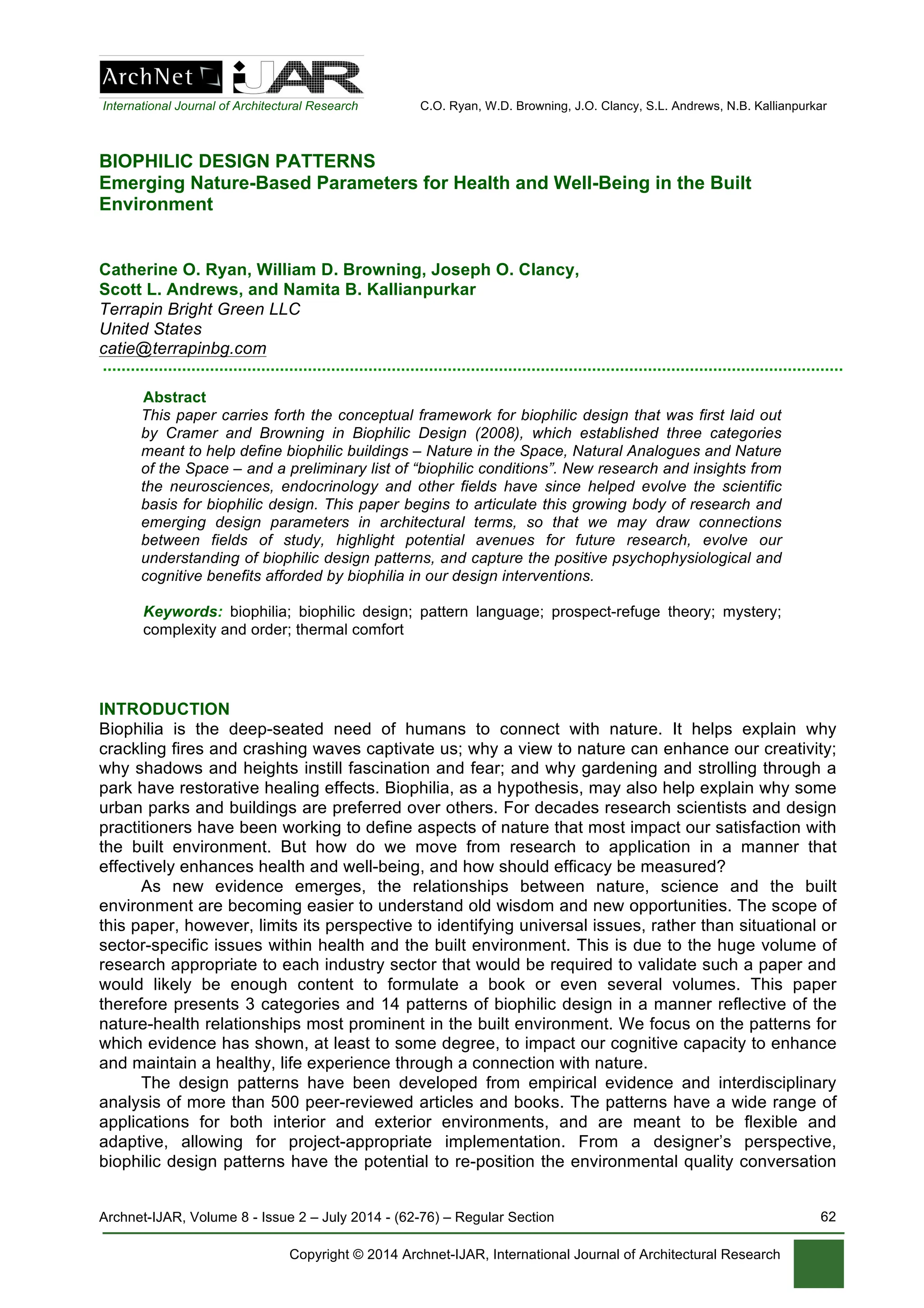 BIOPHILIC DESIGN PATTERNS Emerging Nature-Based Parameters for Health ...