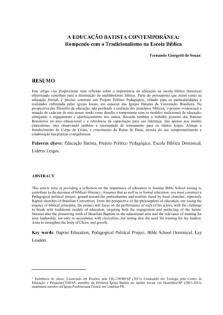 A Educação Batista Contemporânea: Rompendo com o Tradicionalismo na ...
