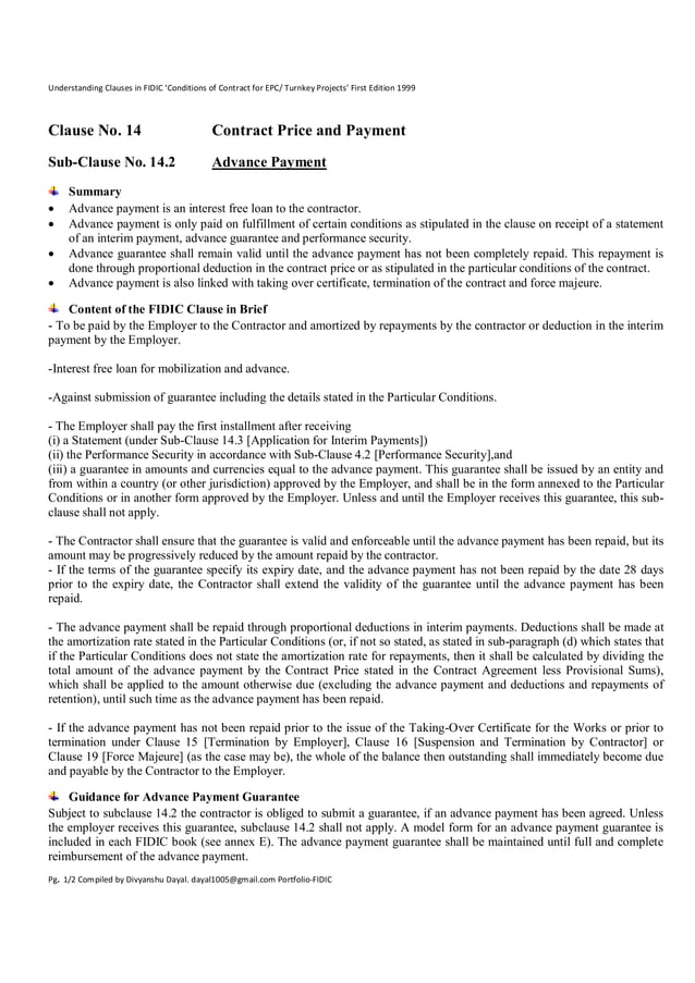 Clause 14.2 Advance Payment-Understanding Clauses in FIDIC ‘Conditions of Contract for EPC ...