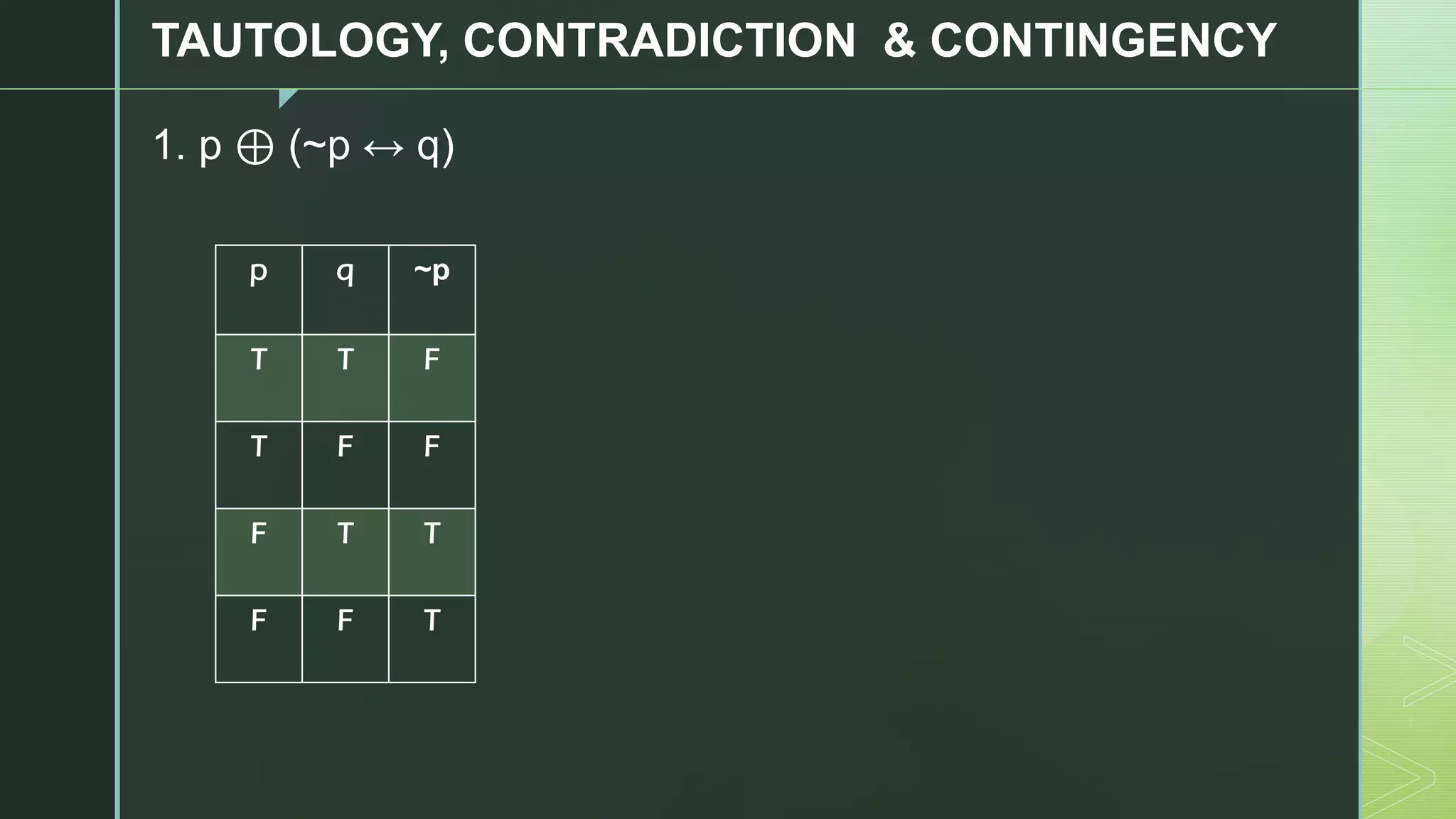 Formal Logic - Lesson 4 - Tautology, Contradiction and Contingency | PDF