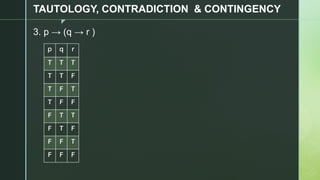 Formal Logic - Lesson 4 - Tautology, Contradiction and Contingency | PDF