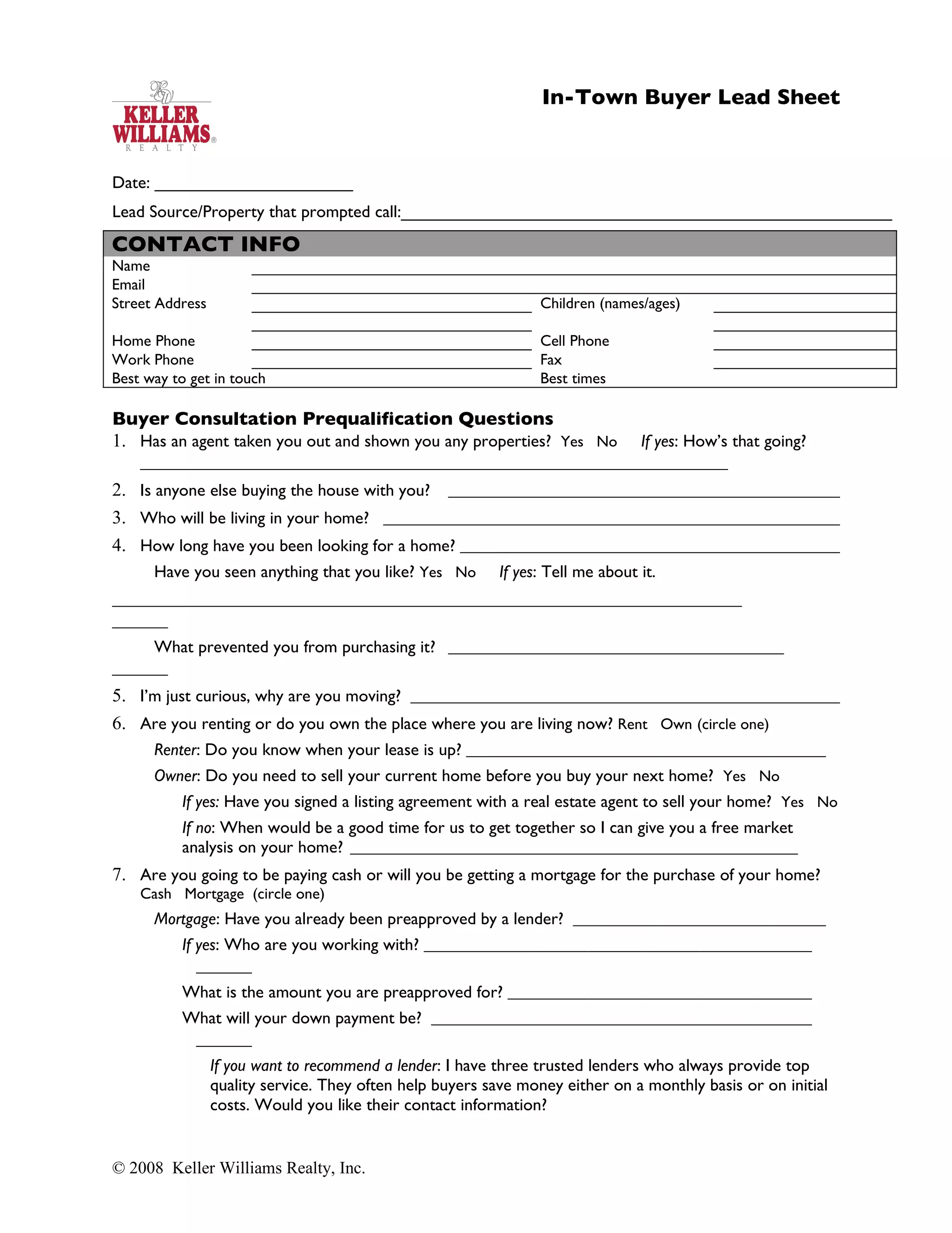 In Town Buyer Lead Sheet (Scripts) | PDF