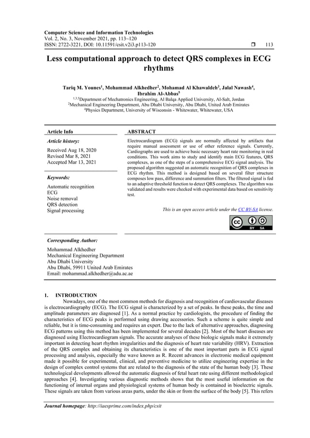Less computational approach to detect QRS complexes in ECG rhythms | PDF