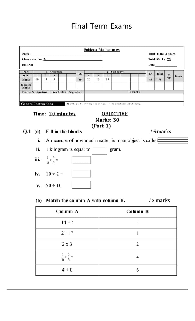 mathematics papers class 2 | DOC
