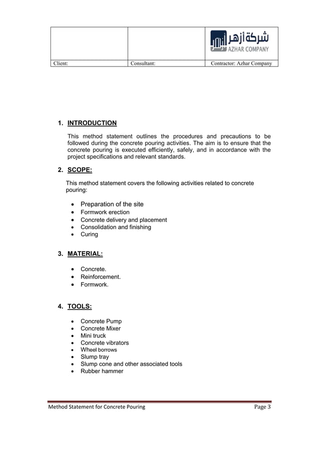 02 - Method Statement for Concrete pouring.docx | Civil Engineering ...