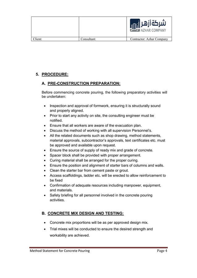 02 - Method Statement for Concrete pouring.docx | Civil Engineering ...
