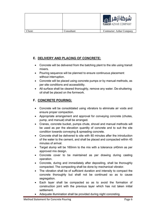 02 - Method Statement for Concrete pouring.docx | Civil Engineering ...