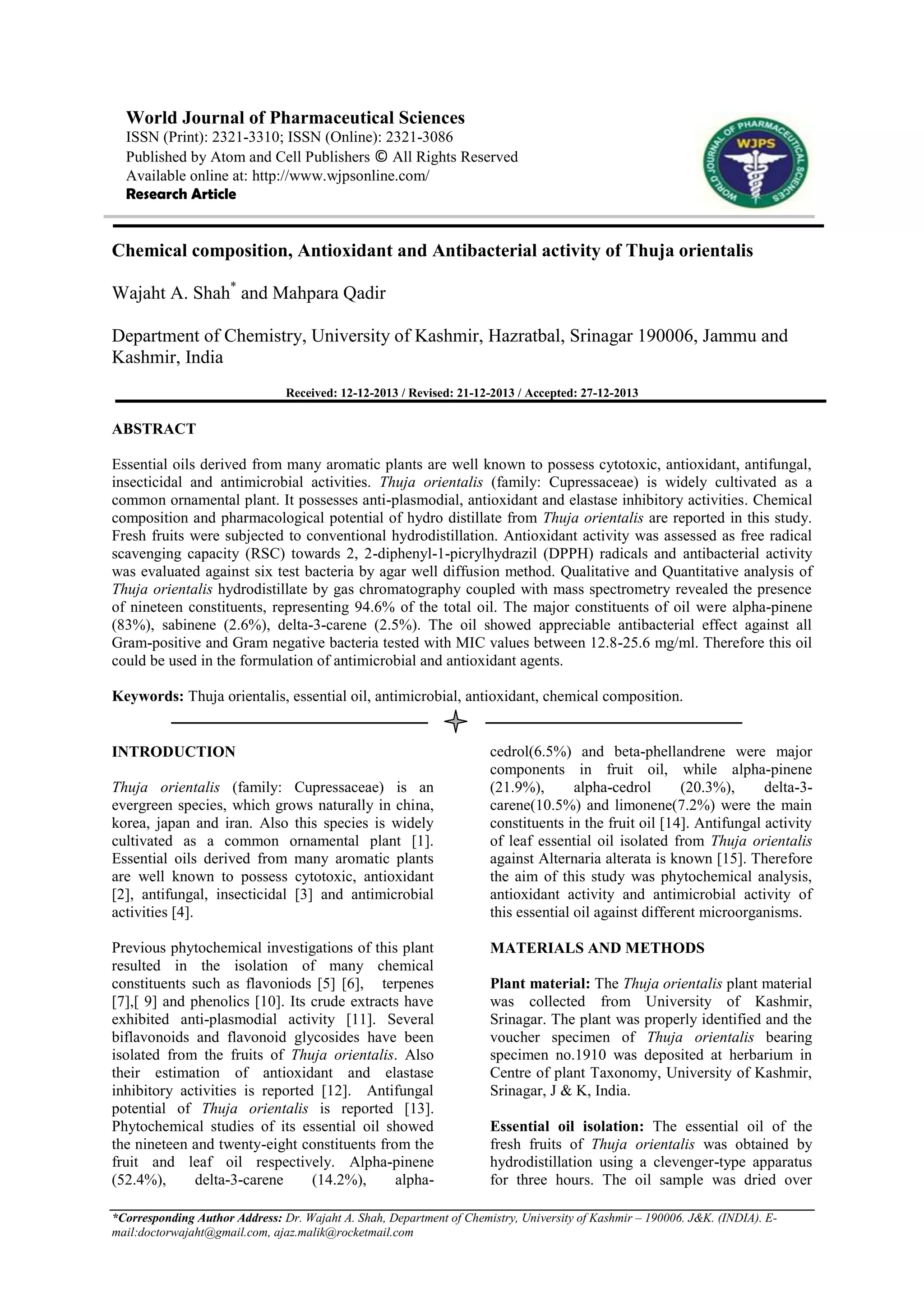 Chemical composition, Antioxidant and Antibacterial activity of Thuja orientalis | PDF