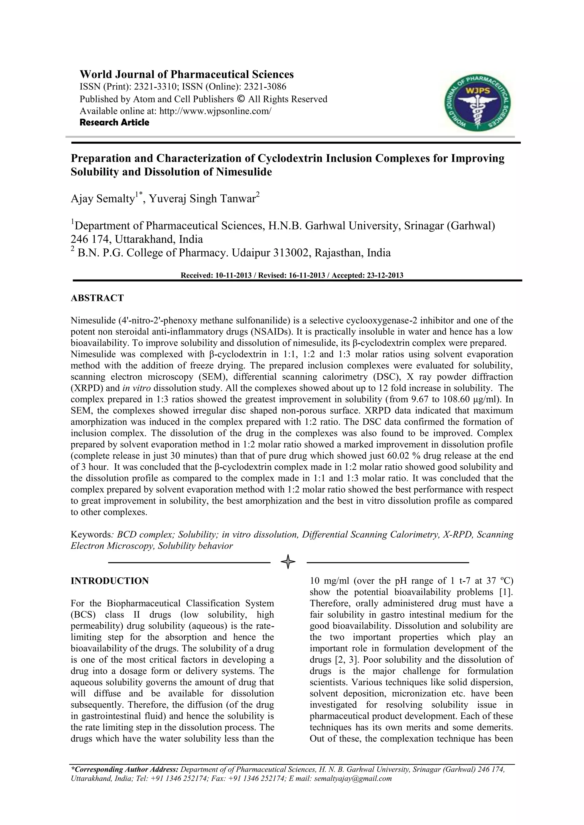 Preparation and Characterization of Cyclodextrin Inclusion Complexes for Improving Solubility ...