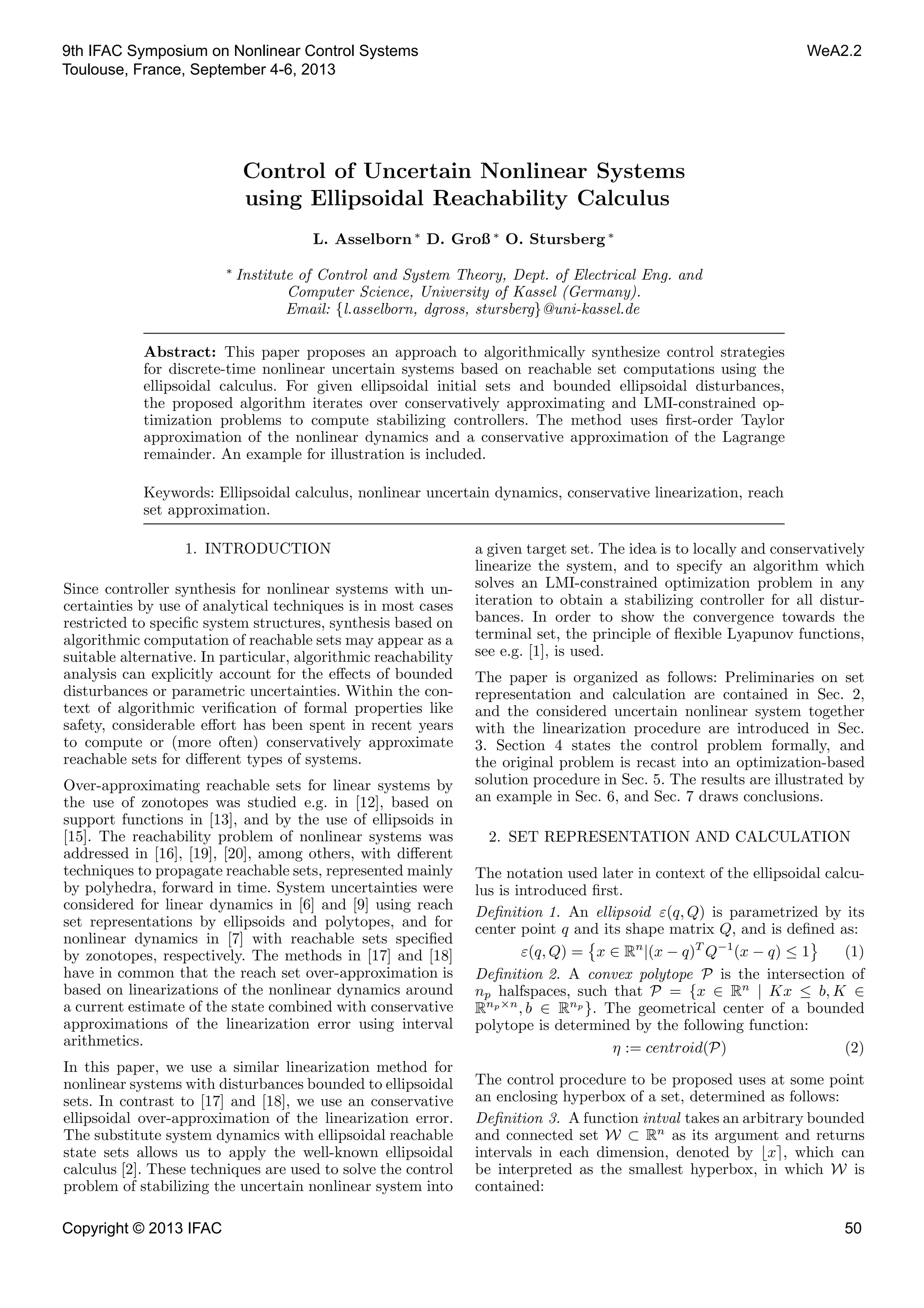 Reachability Analysis "Control Of Dynamical Non-Linear Systems" | PDF