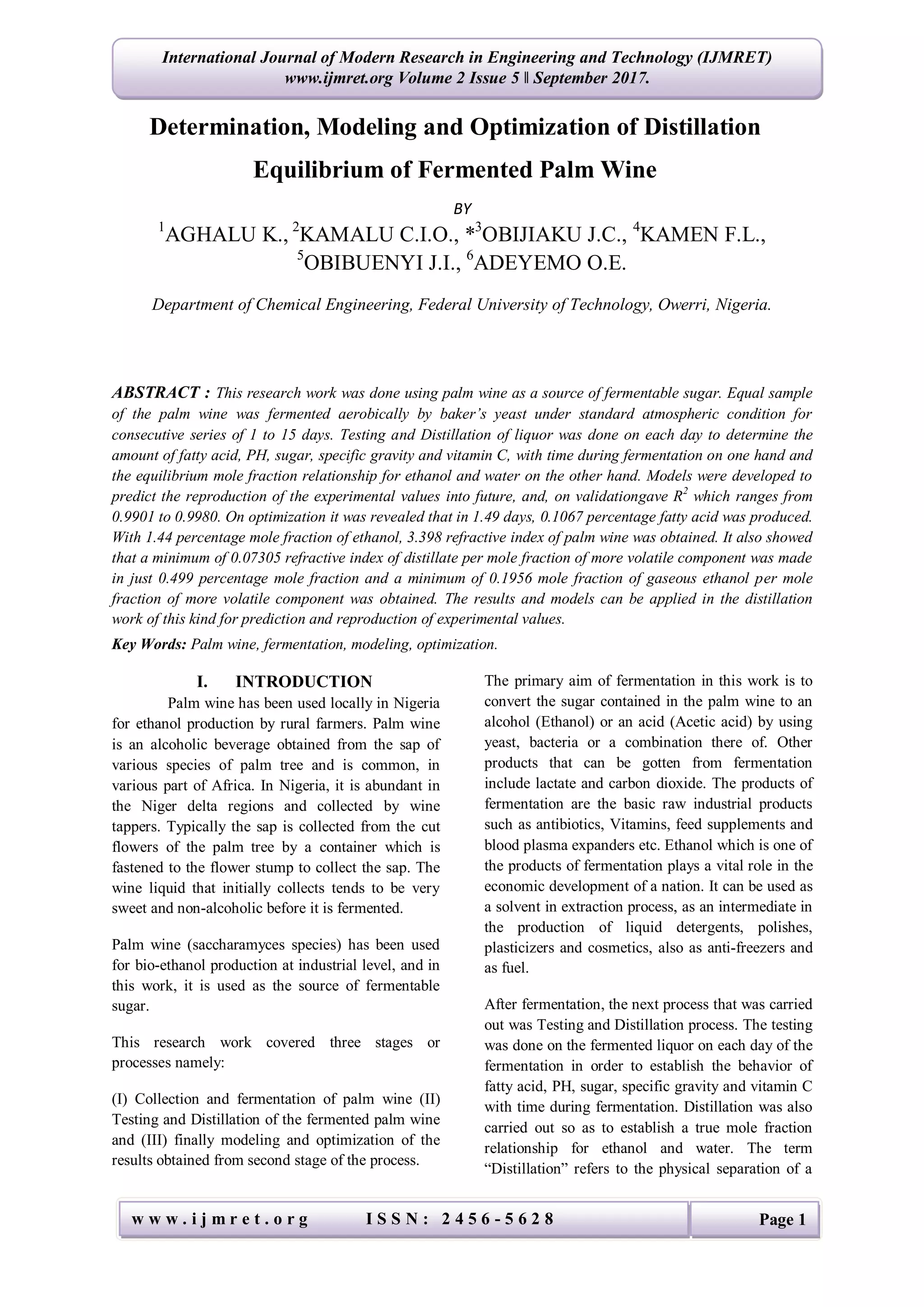 Determination, Modeling and Optimization of Distillation Equilibrium of ...