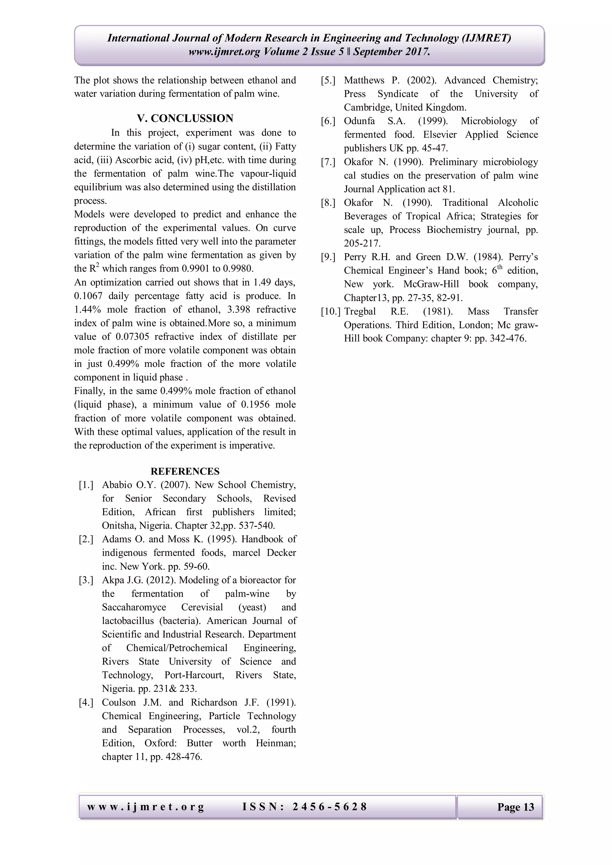 Determination, Modeling and Optimization of Distillation Equilibrium of Fermented Palm Wine ...