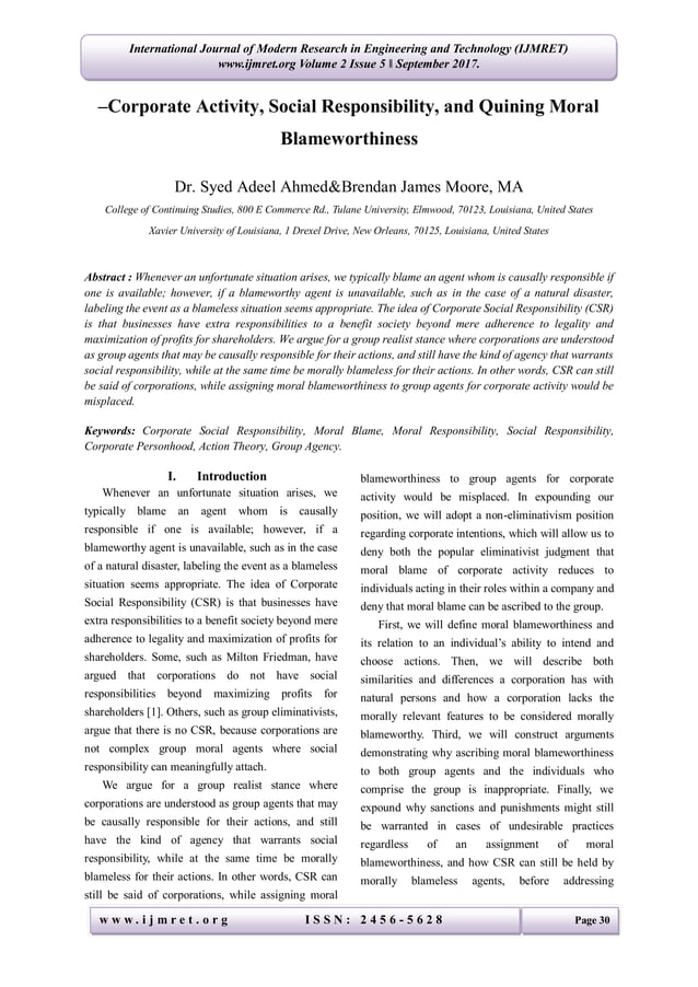 Corporate Activity, Social Responsibility, and Quining Moral ...