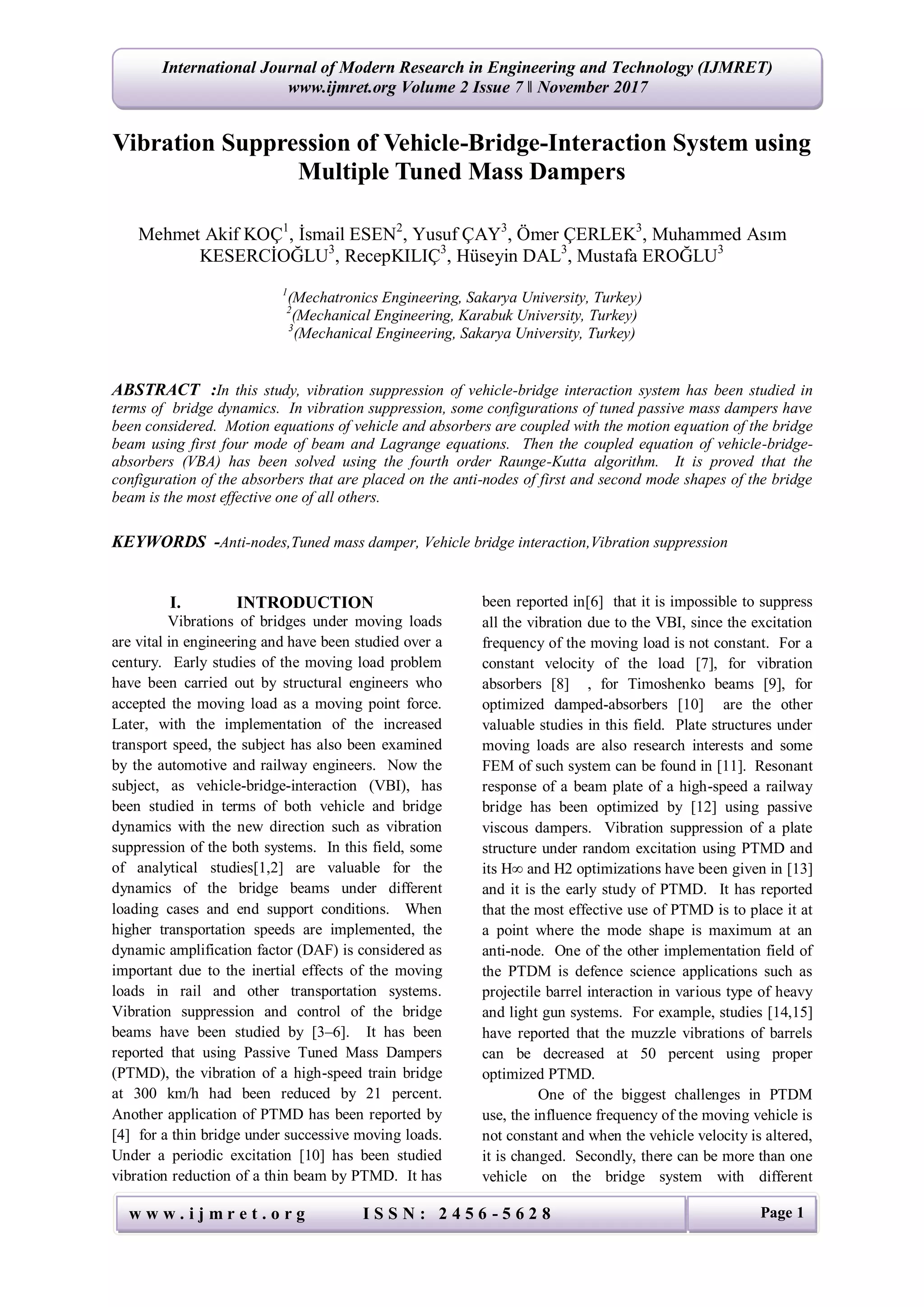 Vibration Suppression of Vehicle-Bridge-Interaction System using Multiple Tuned Mass Dampers ...