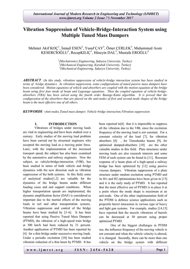 Vibration Suppression of Vehicle-Bridge-Interaction System using Multiple Tuned Mass Dampers ...