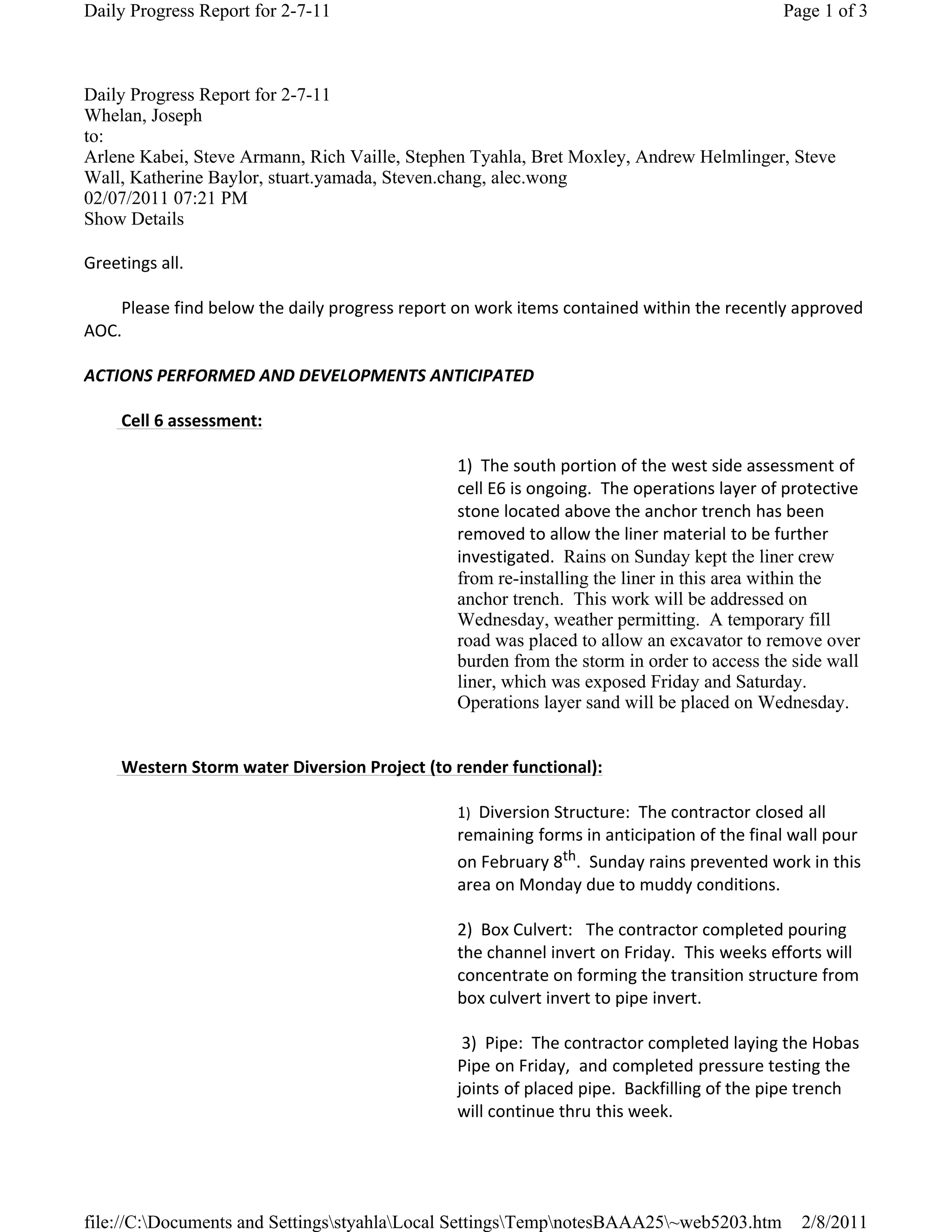 020711 wgsl daily progress report aoc | PDF