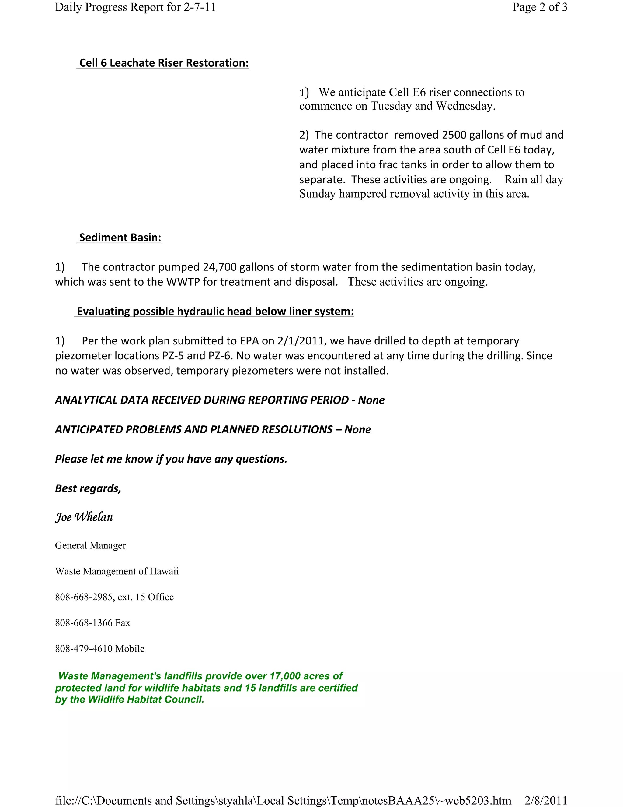 020711 wgsl daily progress report aoc | PDF