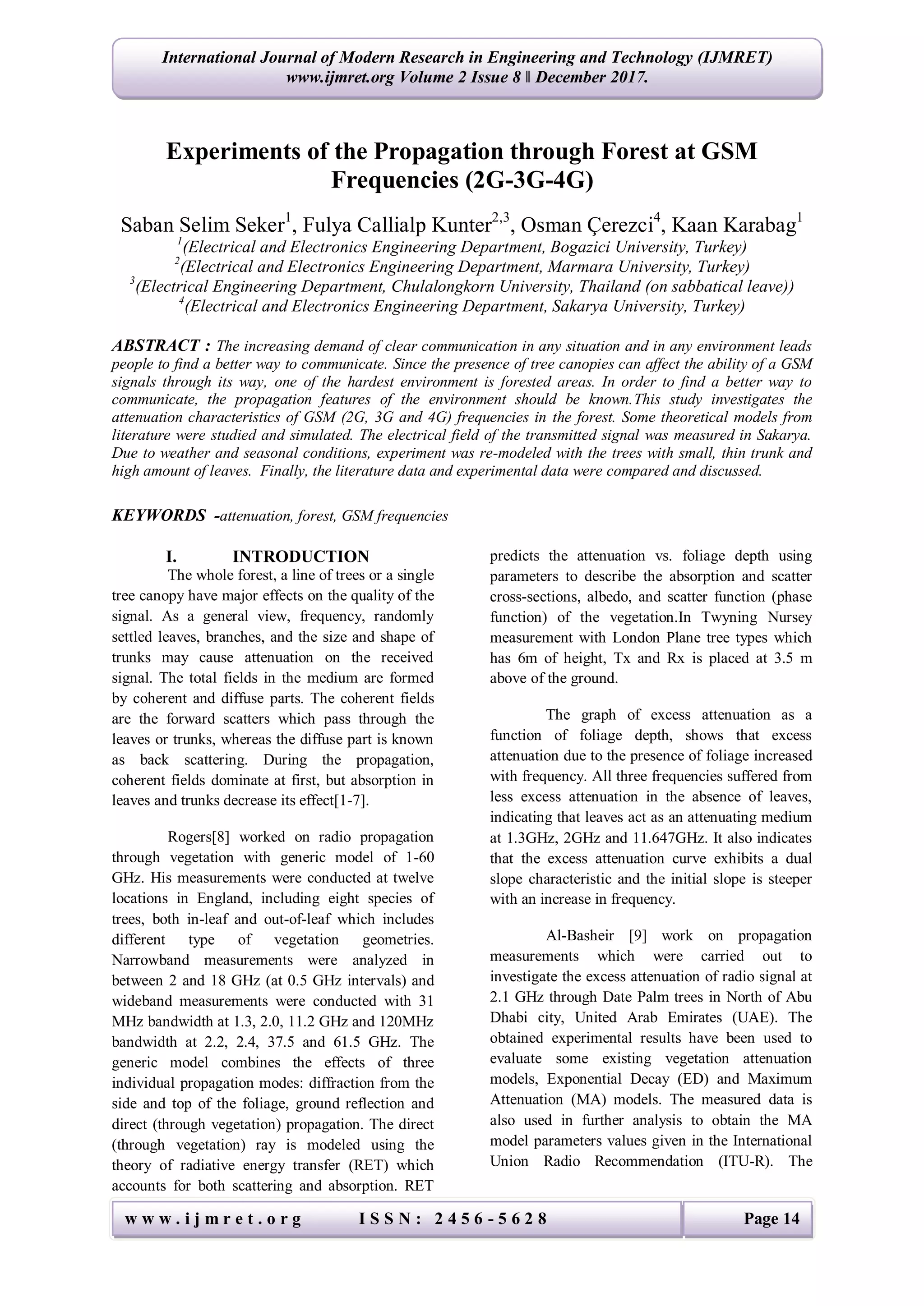 Experiments of the Propagation through Forest at GSM Frequencies (2G-3G-4G) | PDF