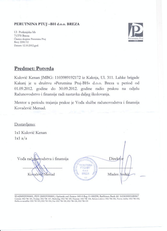 Potvrda o odrađenoj praksi - Perutnina Ptuj