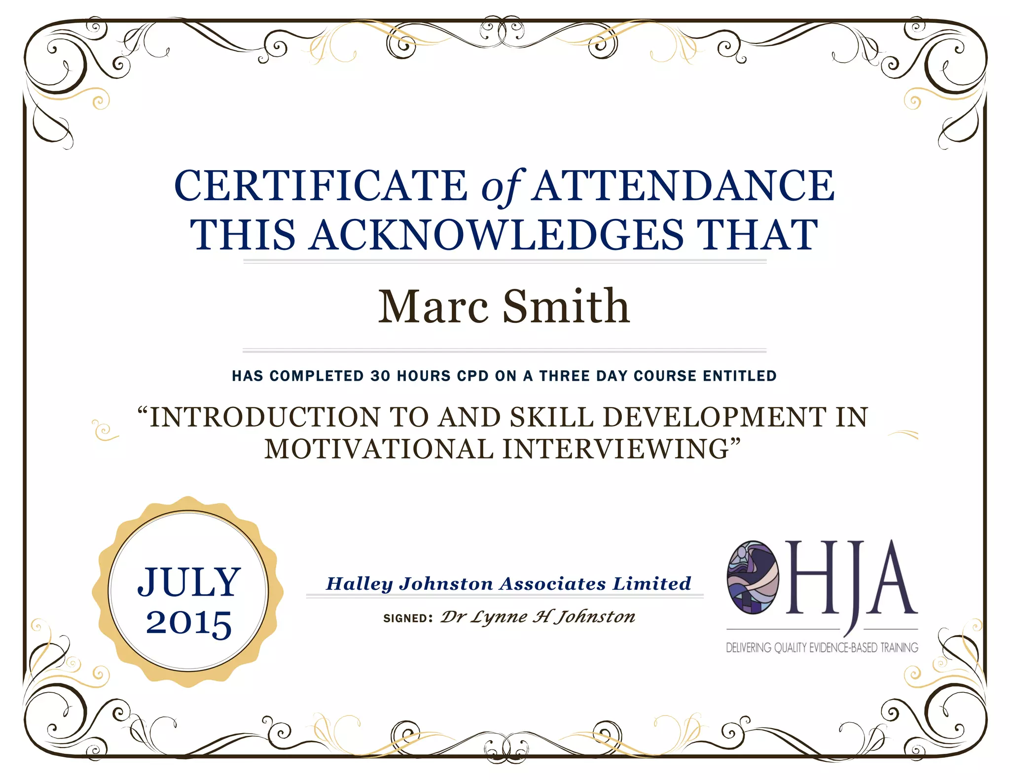 Marc Smith Certificate of Attendance Intro 2015 | PPT