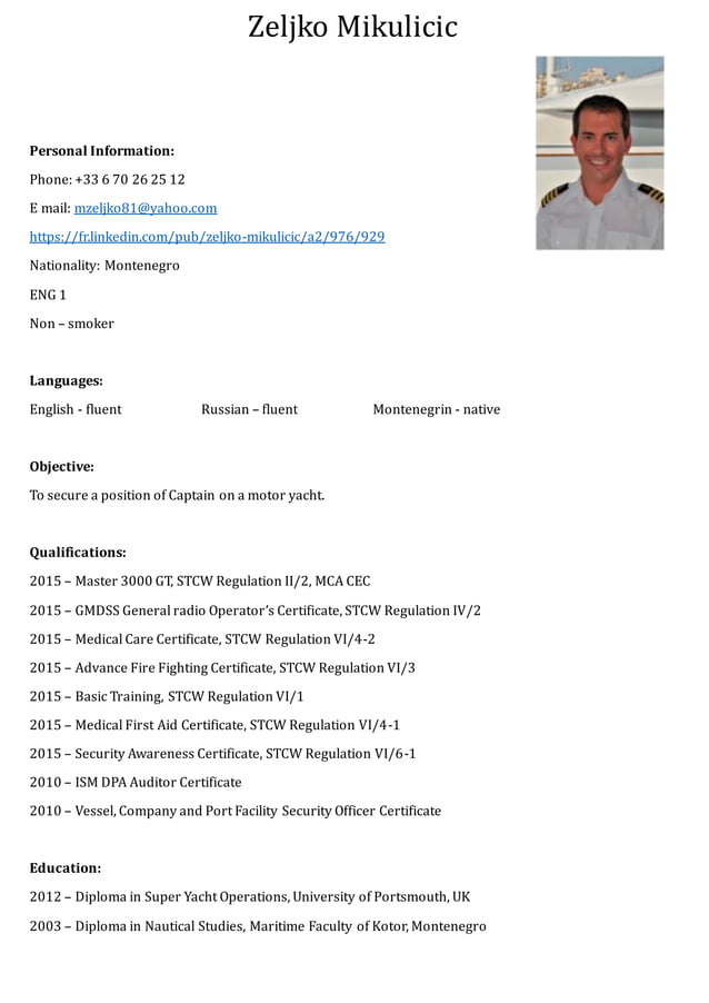 Zeljko Mikulicic CV Yachts | DOCX | Cruises | Travel Type