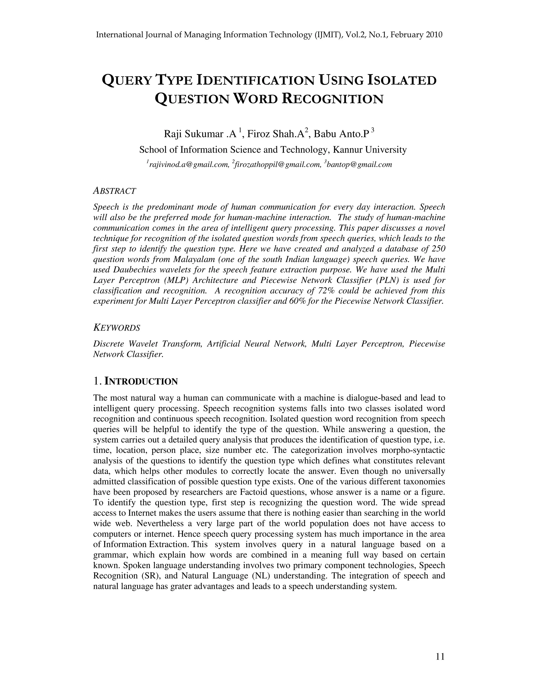 Query Type Identification Using Isolated Question Word Recognition | PDF