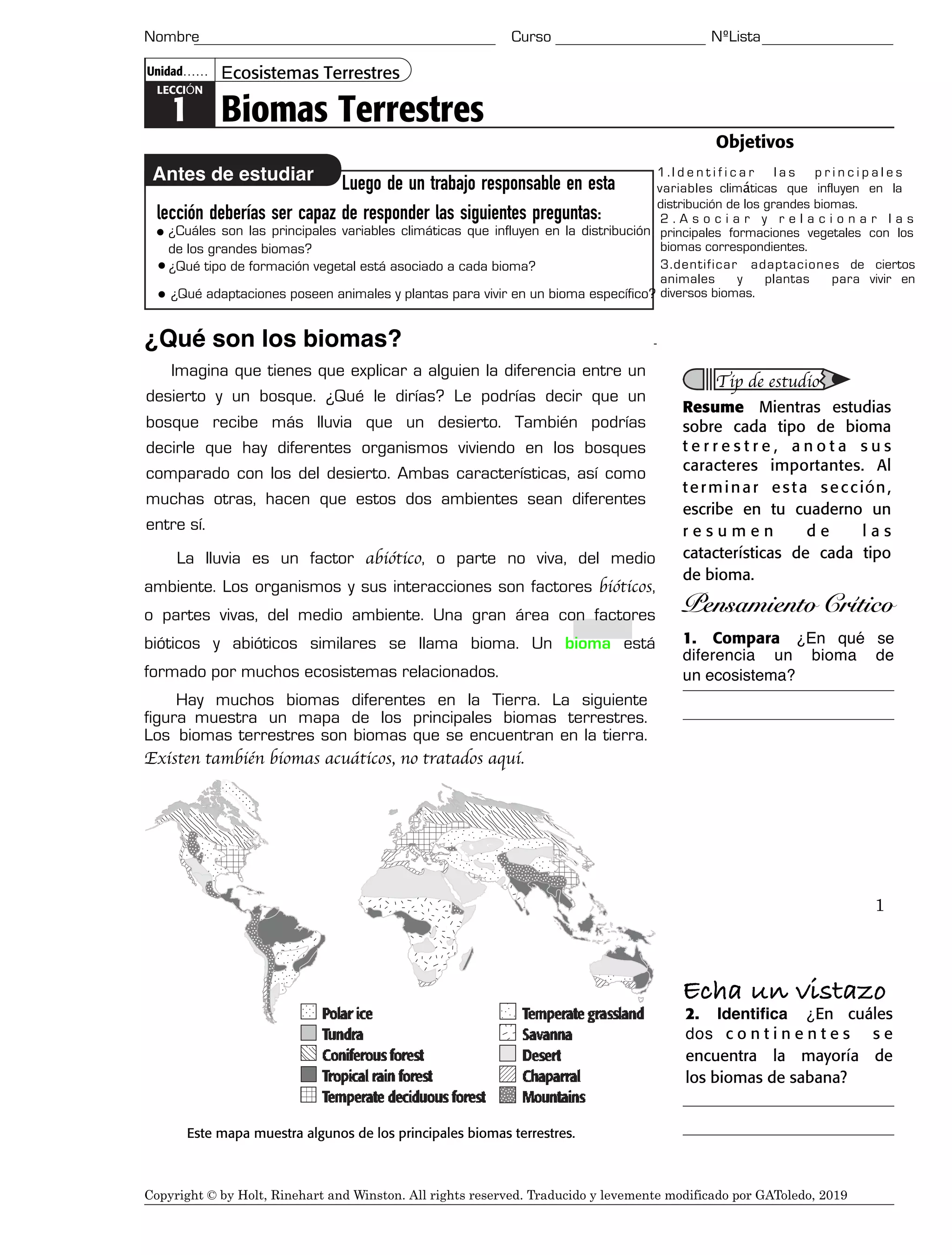 Fichas De Trabajo Sobre Biomas Y Ecosistemas Biomas Trabajo Final