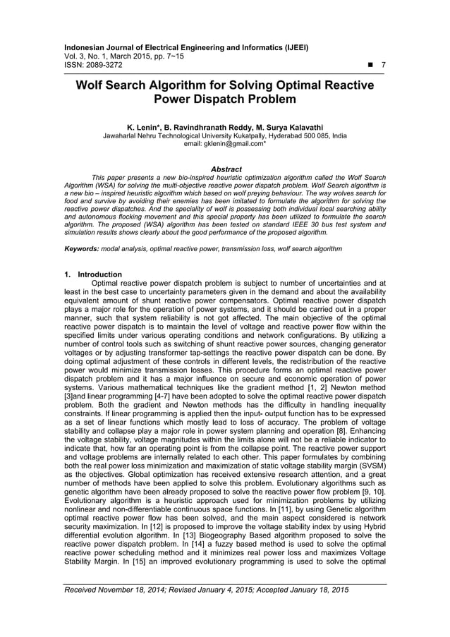 Wolf Search Algorithm for Solving Optimal Reactive Power Dispatch Problem | PDF