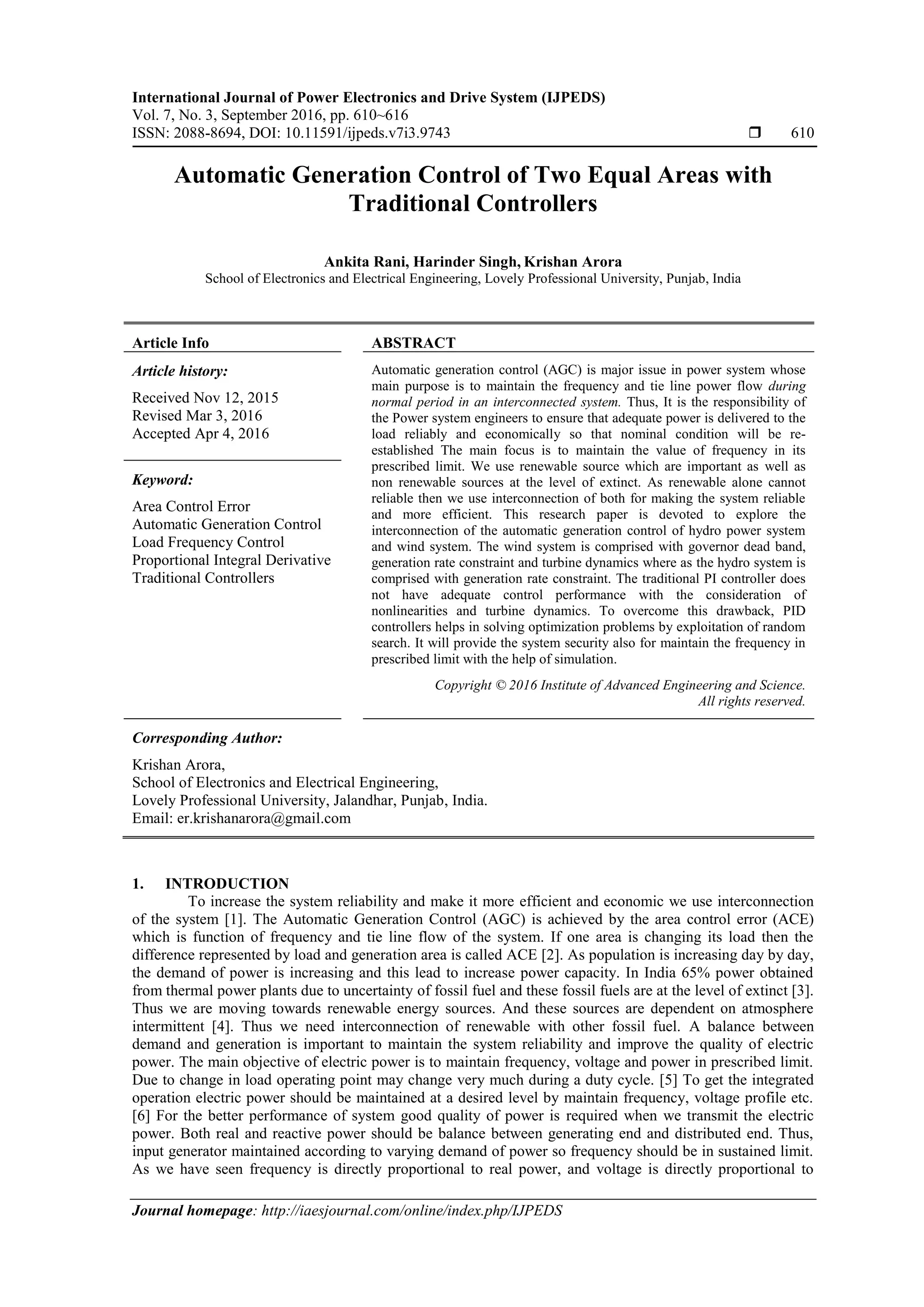 Automatic Generation Control of Two Equal Areas with Traditional ...