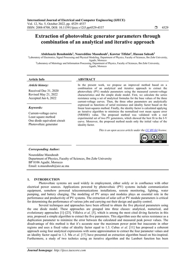 Extraction of photovoltaic generator parameters through combination of an analytical and ...