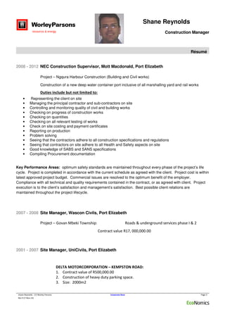 shane Reynolds - CV Worley Parsons | PDF
