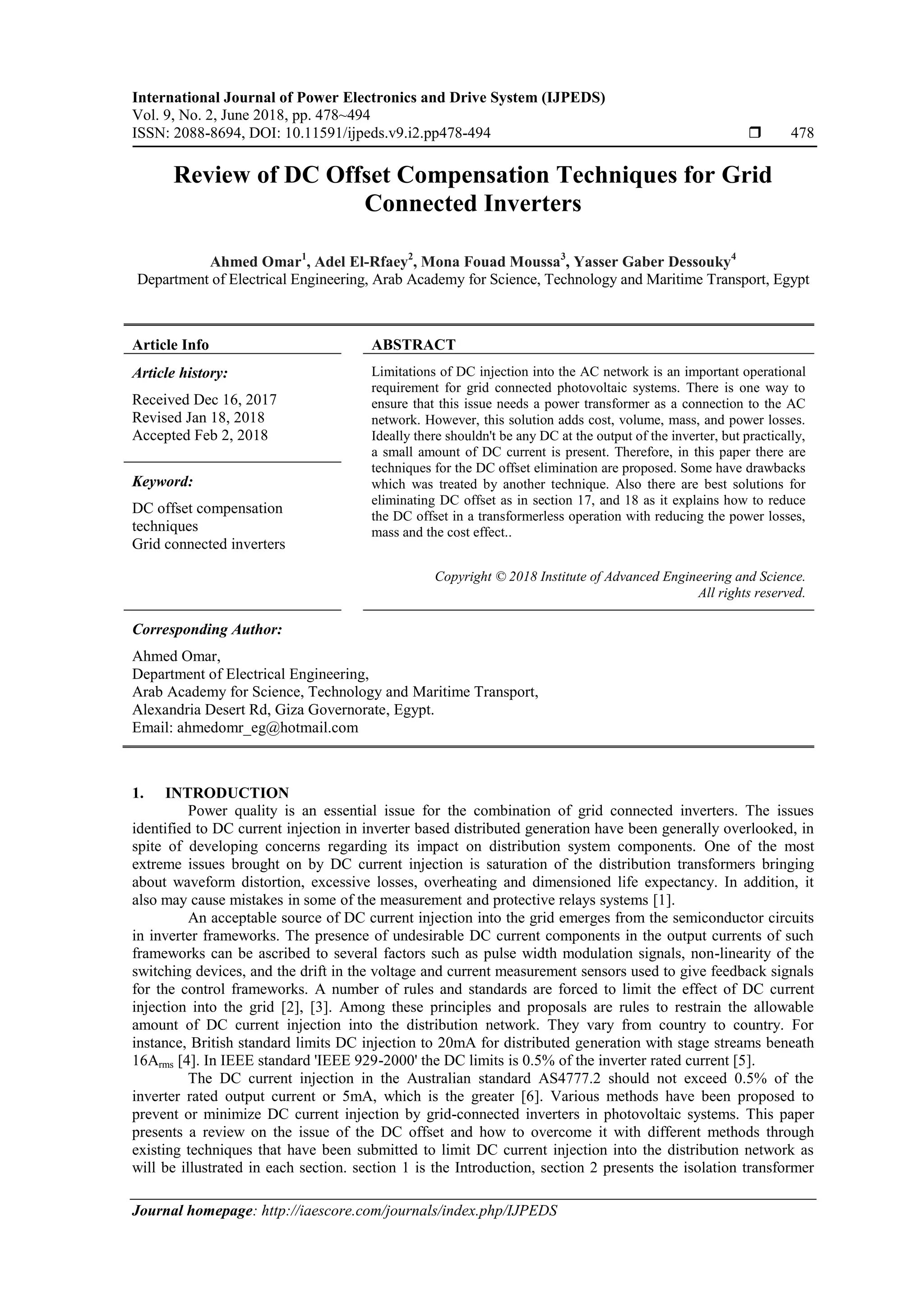 Review of DC Offset Compensation Techniques for Grid Connected Inverters | PDF